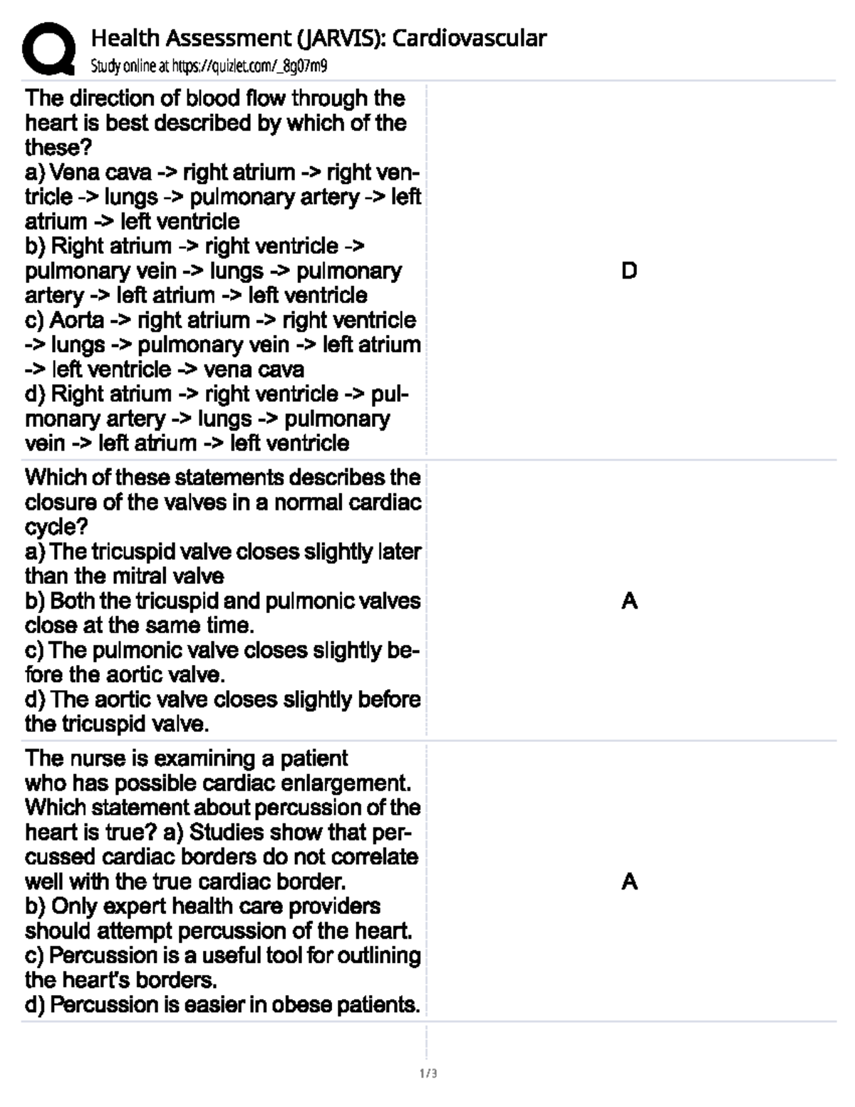 Cardiac - na na note taken in class - Q Health Assessment (JARVIS ...
