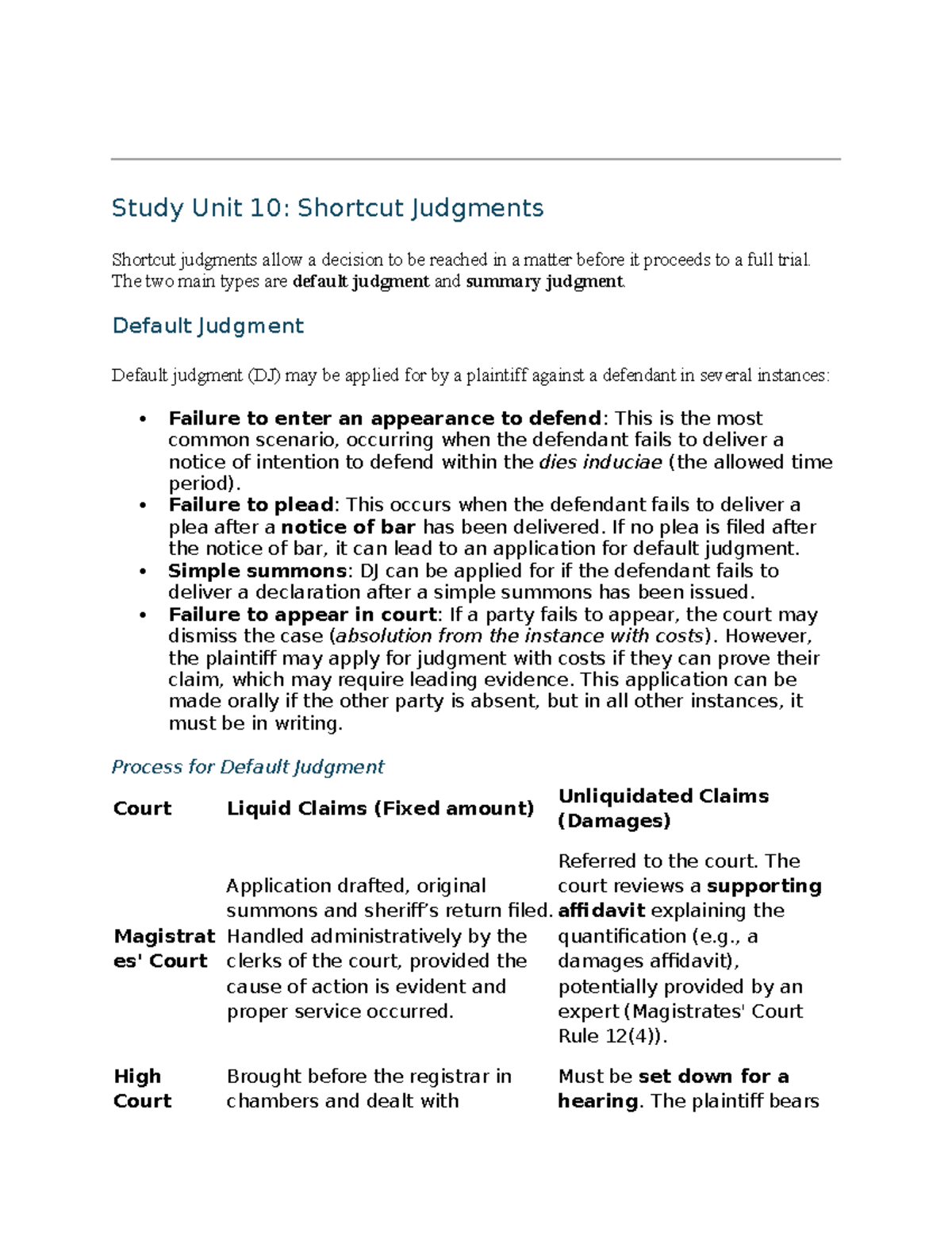 Study Unit 10 & 11: Shortcut Judgments & Trial Procedures Notes - Studocu