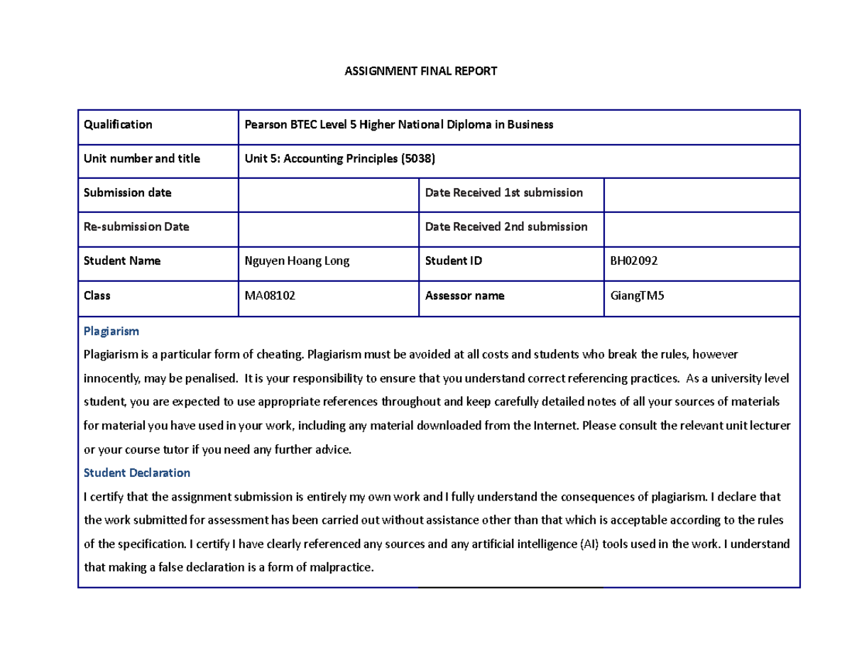 BTEC Level 5 HND Business Unit 5: Accounting Principles Final ...