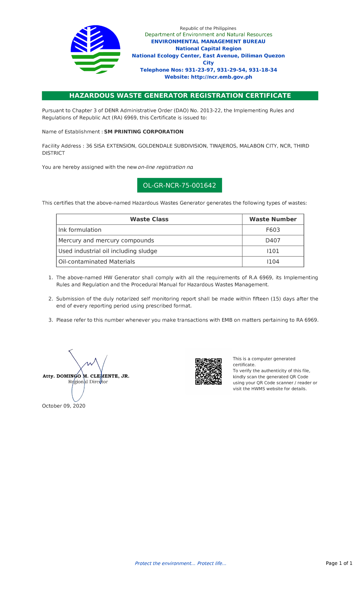 Hazardous Waste Generator Registration Certificate (RA 6969) - Studocu