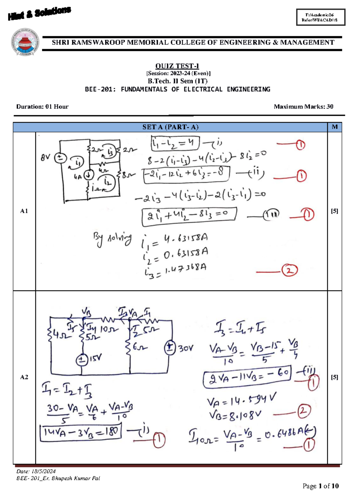 BEE-201: Quiz Test-I on Electrical Engineering Fundamentals - Studocu