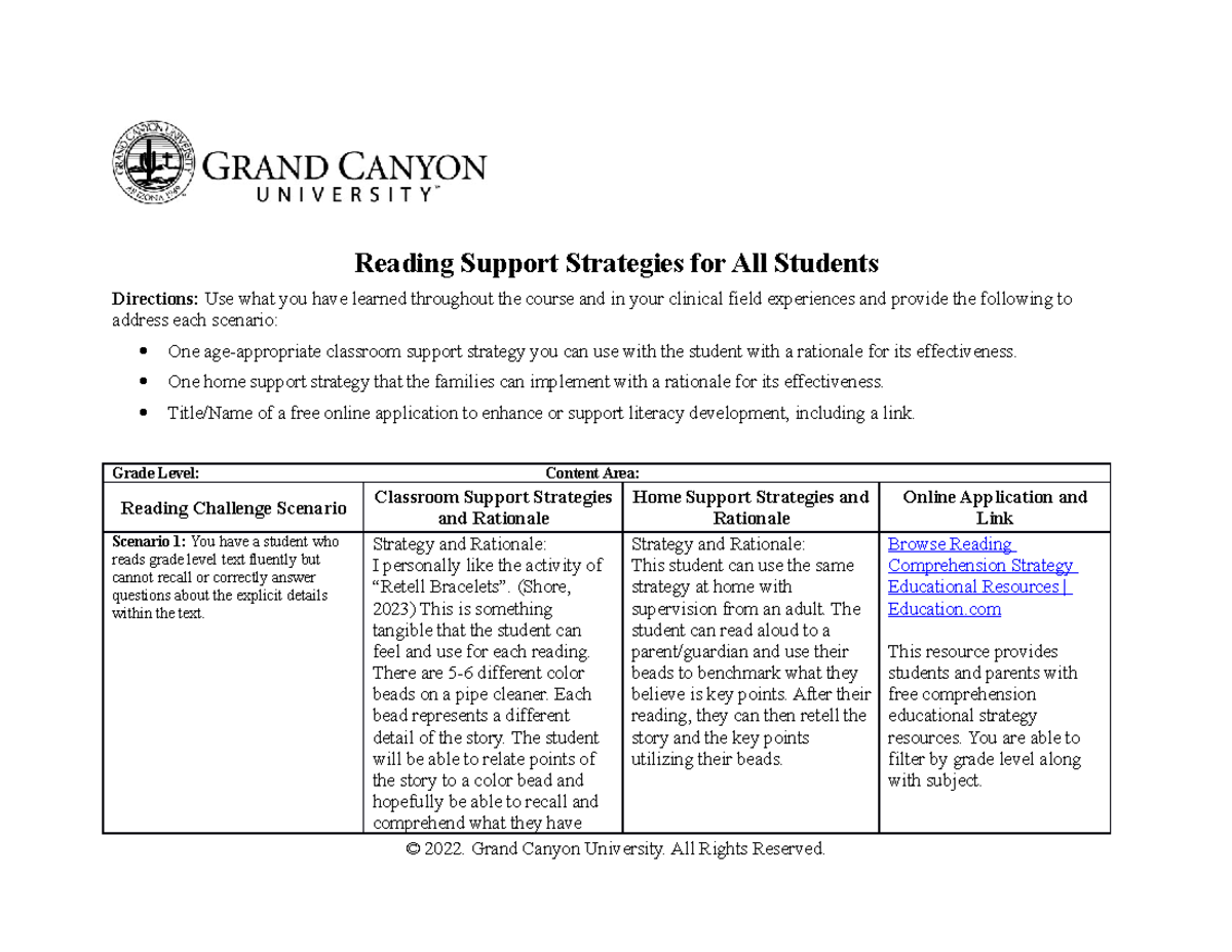 ELM-315 - Final Exam Matrix for Reading Support Strategies - Studocu