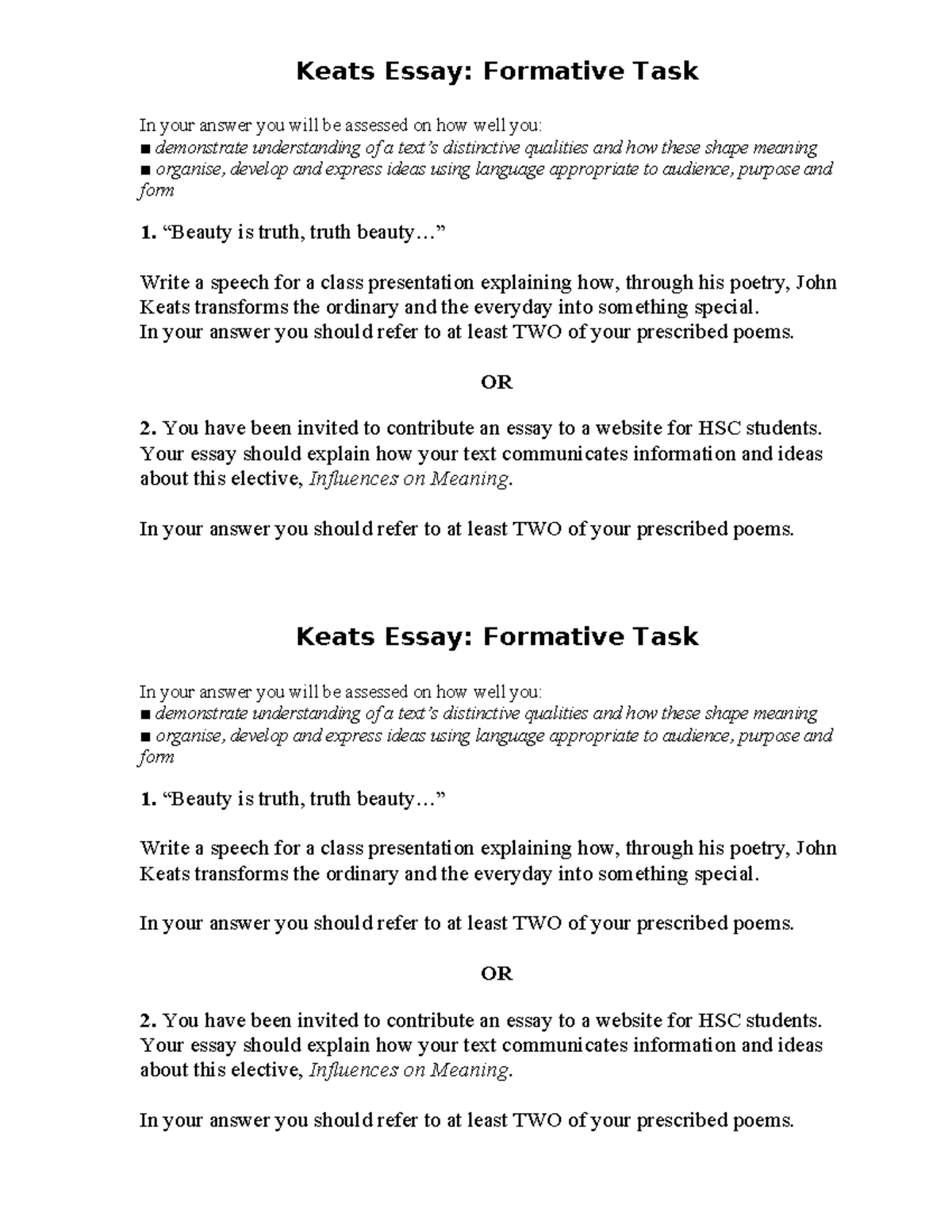 Keats Essay - “Beauty is truth, truth beauty...” Write a speech for a ...