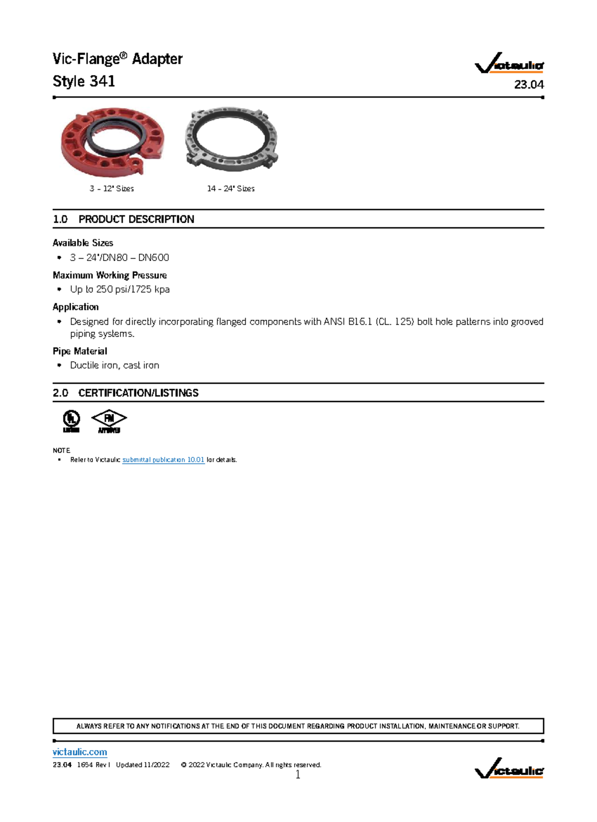 Victaulic Style 341 Adapter Product Specs & Installation Guide - Studocu