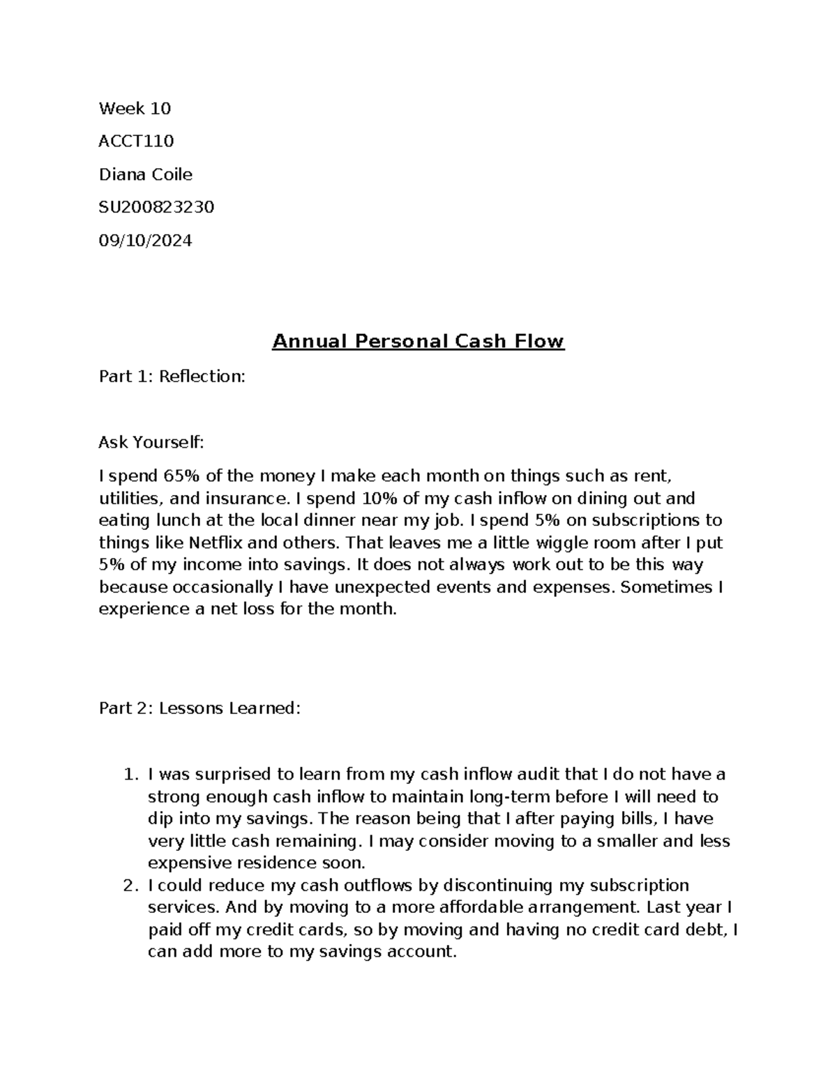 Week 10 Assignment: Annual Personal Cash Flow Reflection - ACCT - Studocu