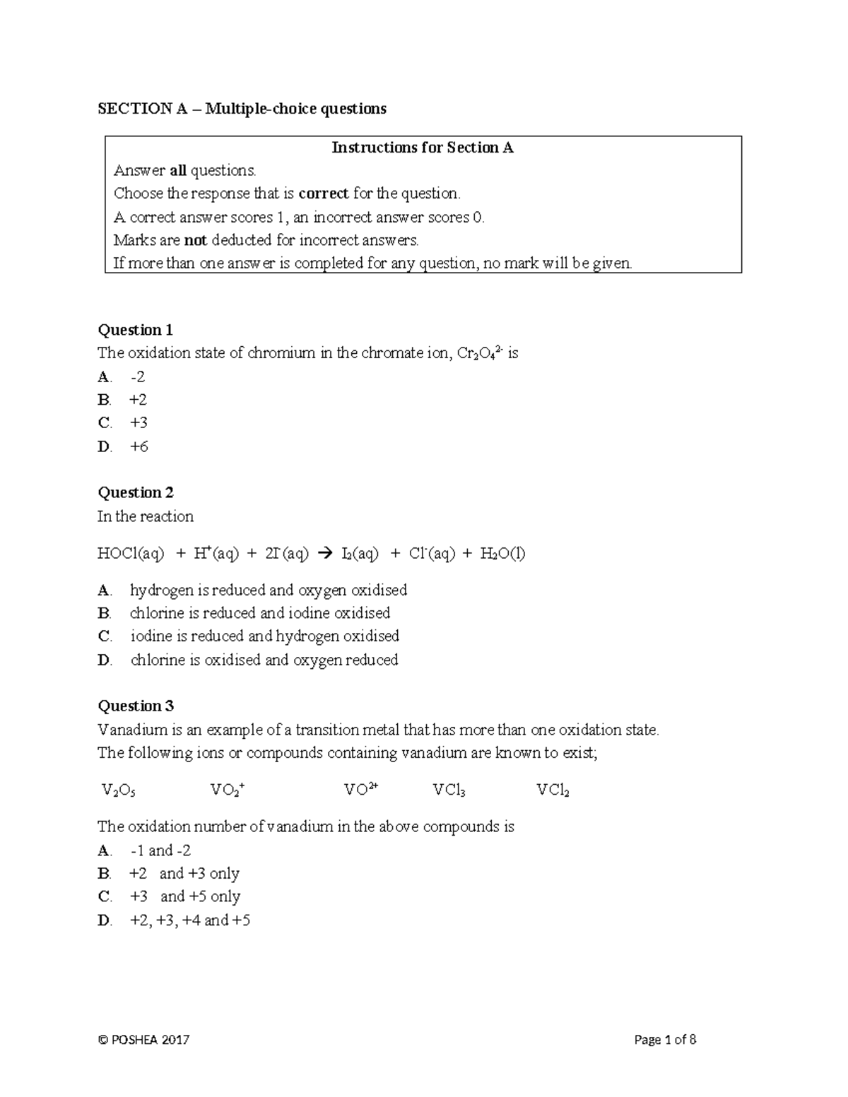 Unit 3 Chemistry Redox Test: MCQs and Short Answer Questions - Studocu