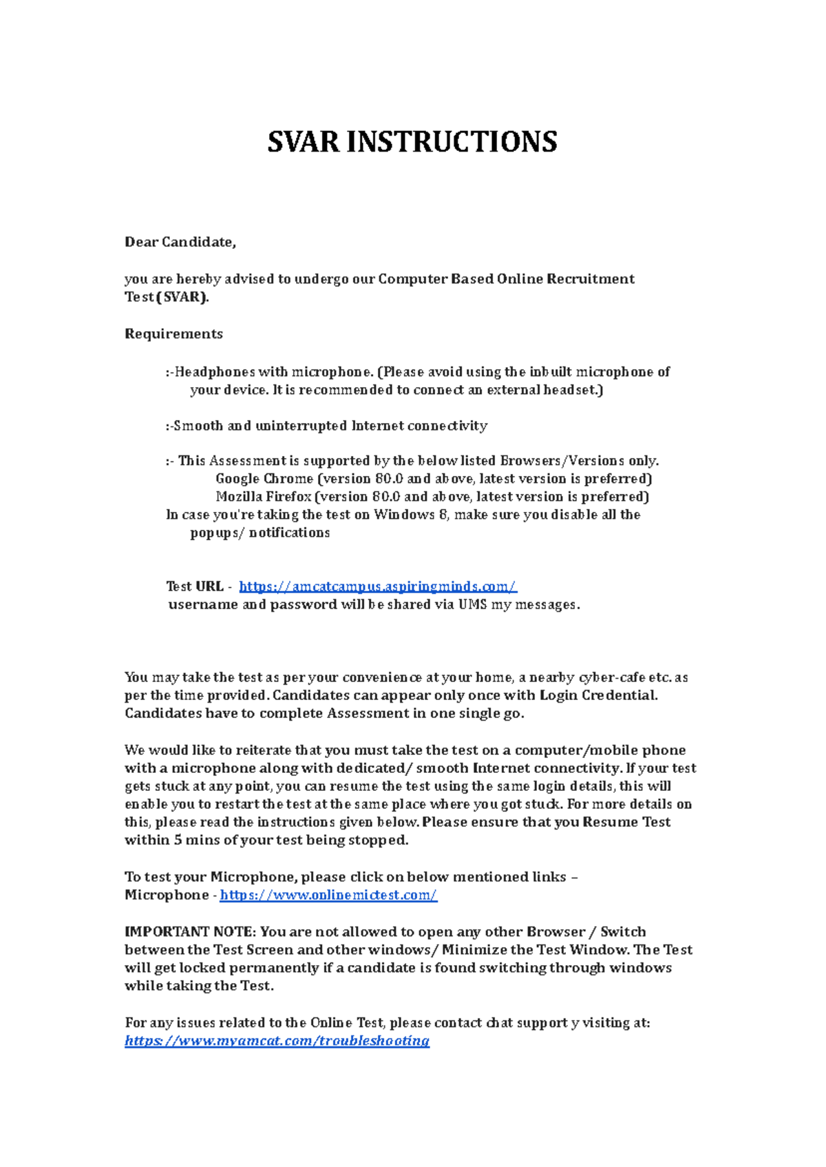 SVAR Instructions - Help in svar - SVAR INSTRUCTIONS Dear Candidate ...