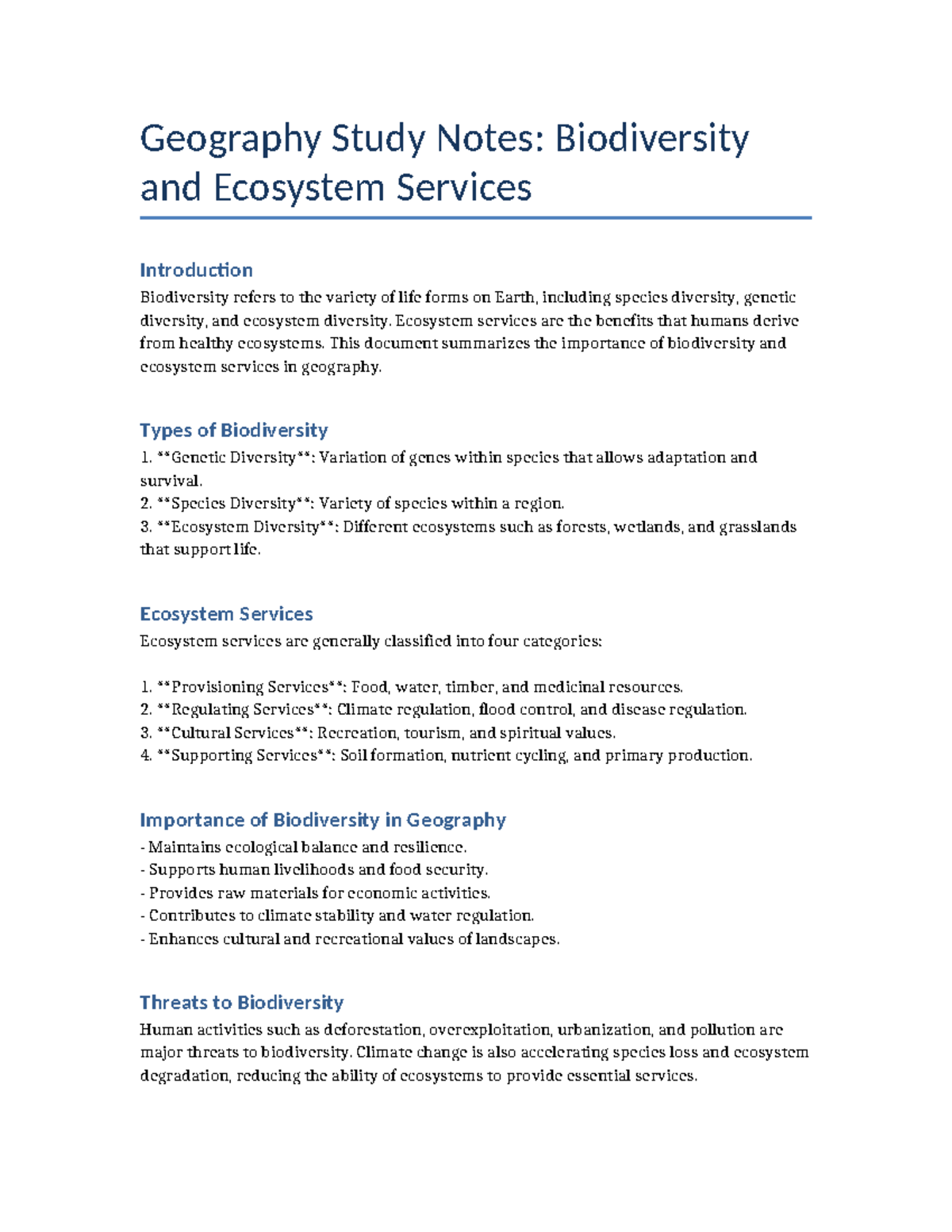 Geography Study Notes: Biodiversity & Ecosystem Services - Studocu