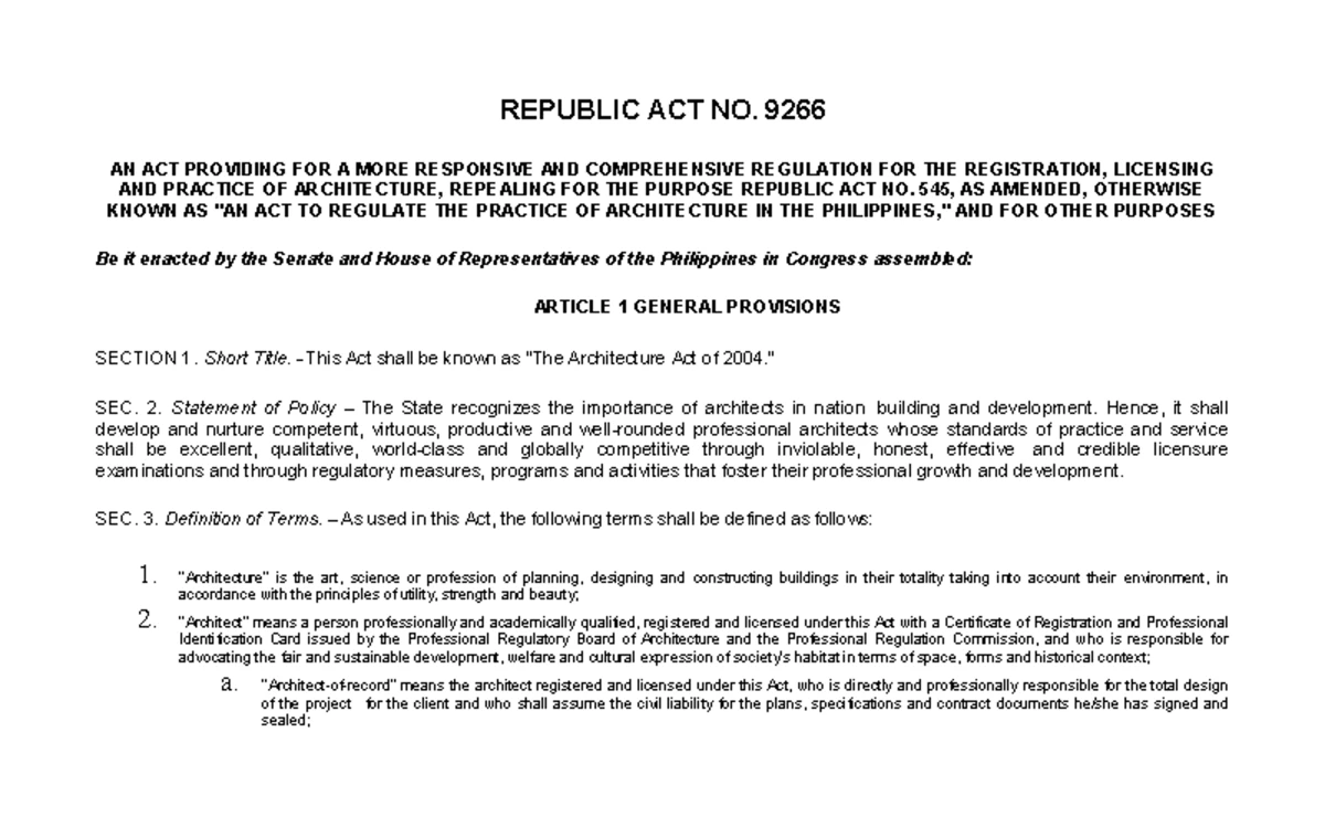 RA 9266 - Overview and Key Aspects of the Architecture Act - Studocu