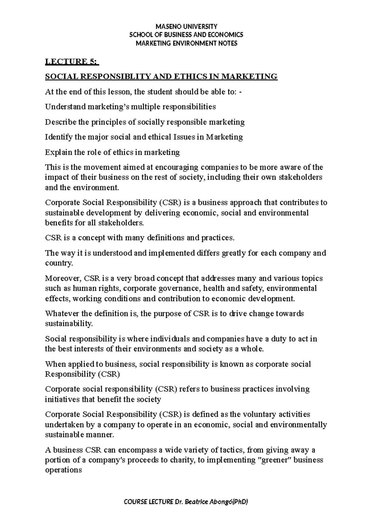 MASENO UNIVERSITY MARKETING ENVIRONMENT NOTES: CSR & ETHICS LECTURE 5-6 ...