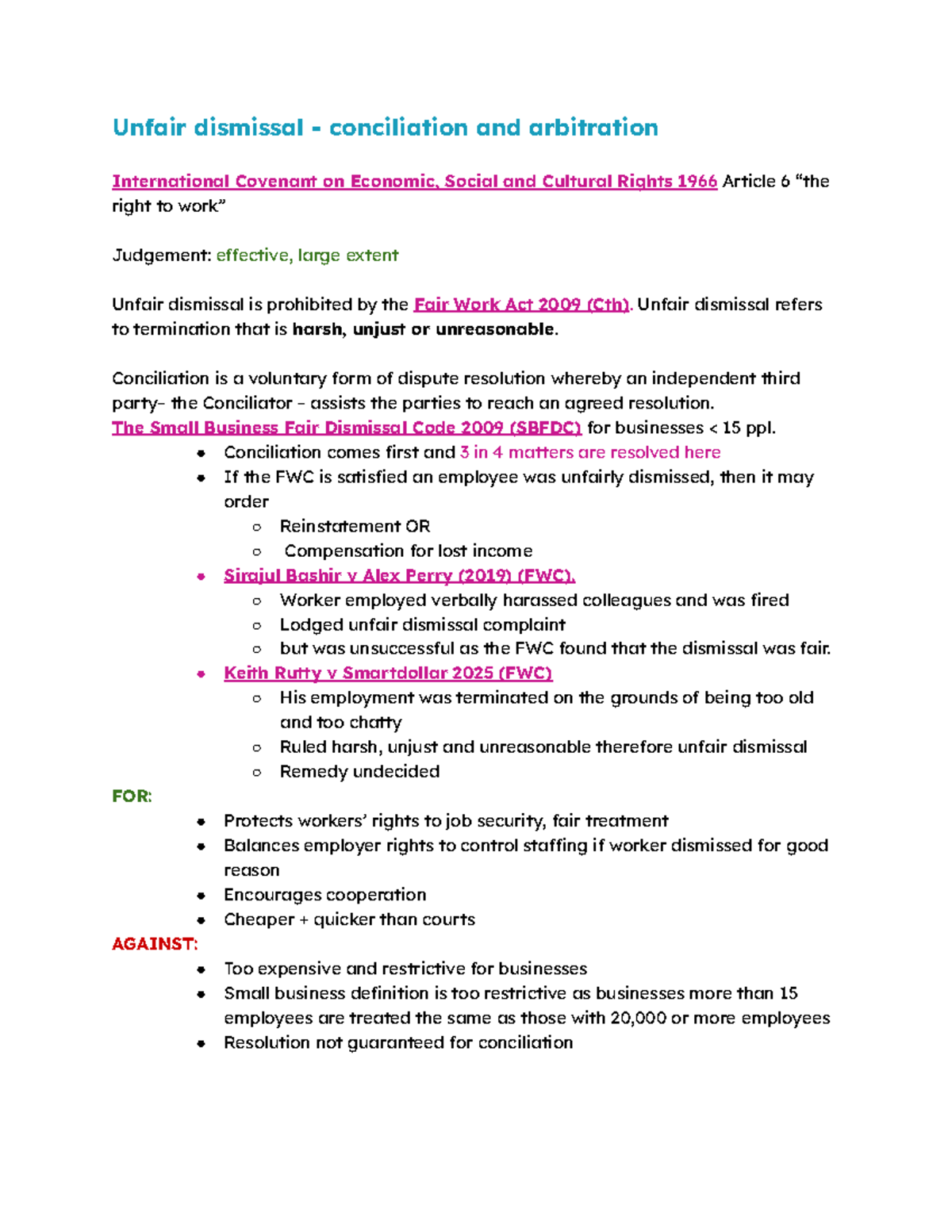 Unfair Dismissal Cheatsheet: Conciliation & Arbitration Insights - Studocu