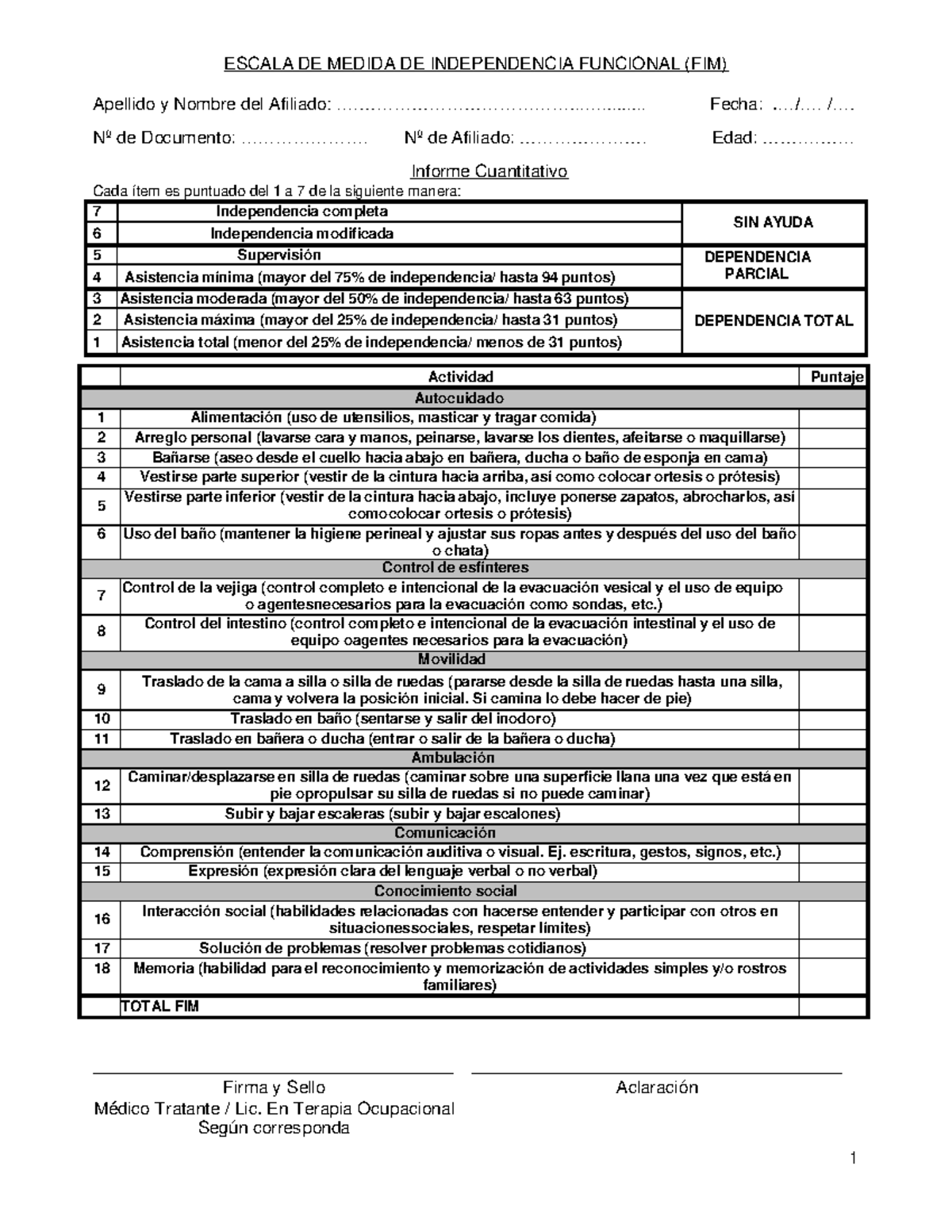 Escala de Medida de Independencia Funcional - ESCALA DE MEDIDA DE INDEPENDENCIA FUNCIONAL (FIM ...