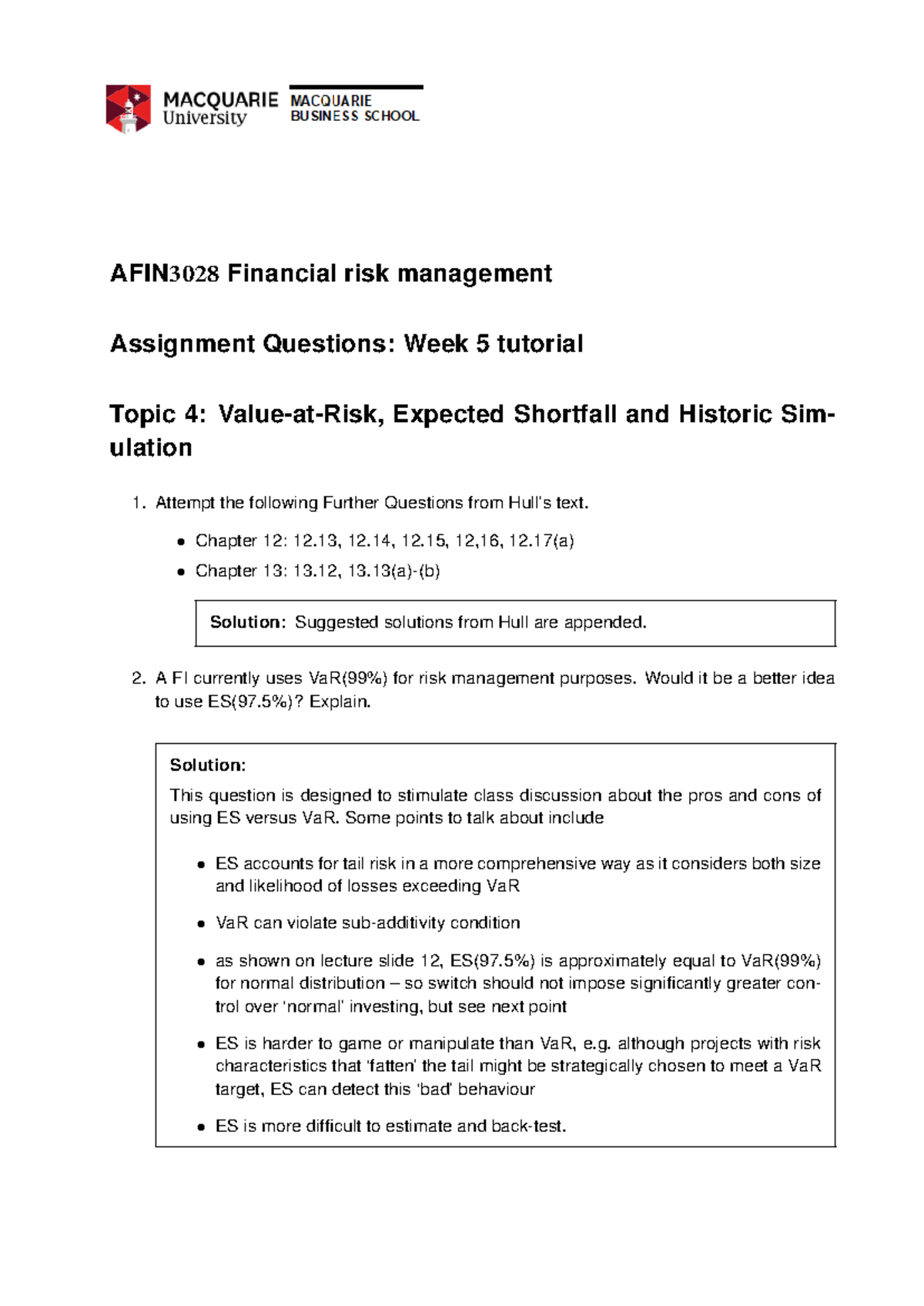 AFIN 3028 Tutorial Solutions: Topic 4 on VaR & Expected Shortfall - Studocu