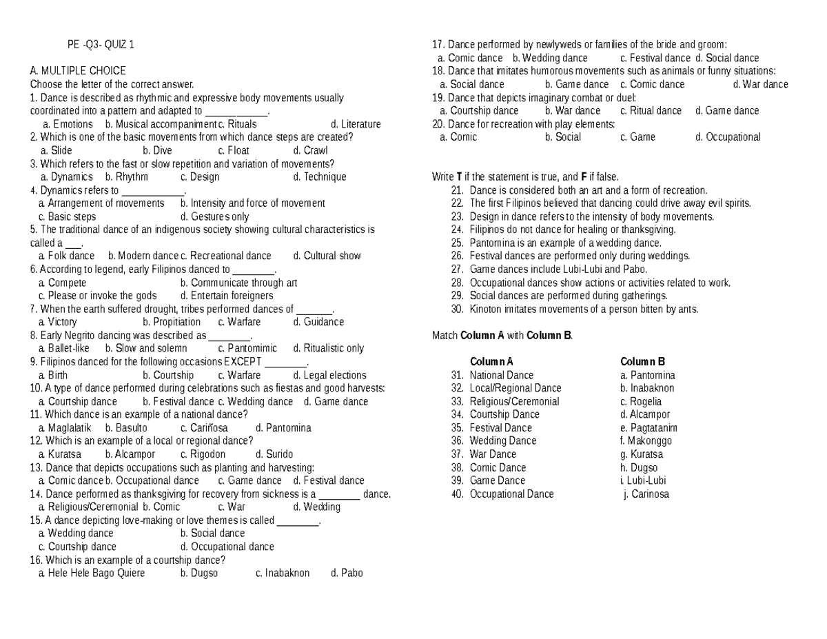PE QUIZ 1: Multiple Choice & True/False Questions - Studocu