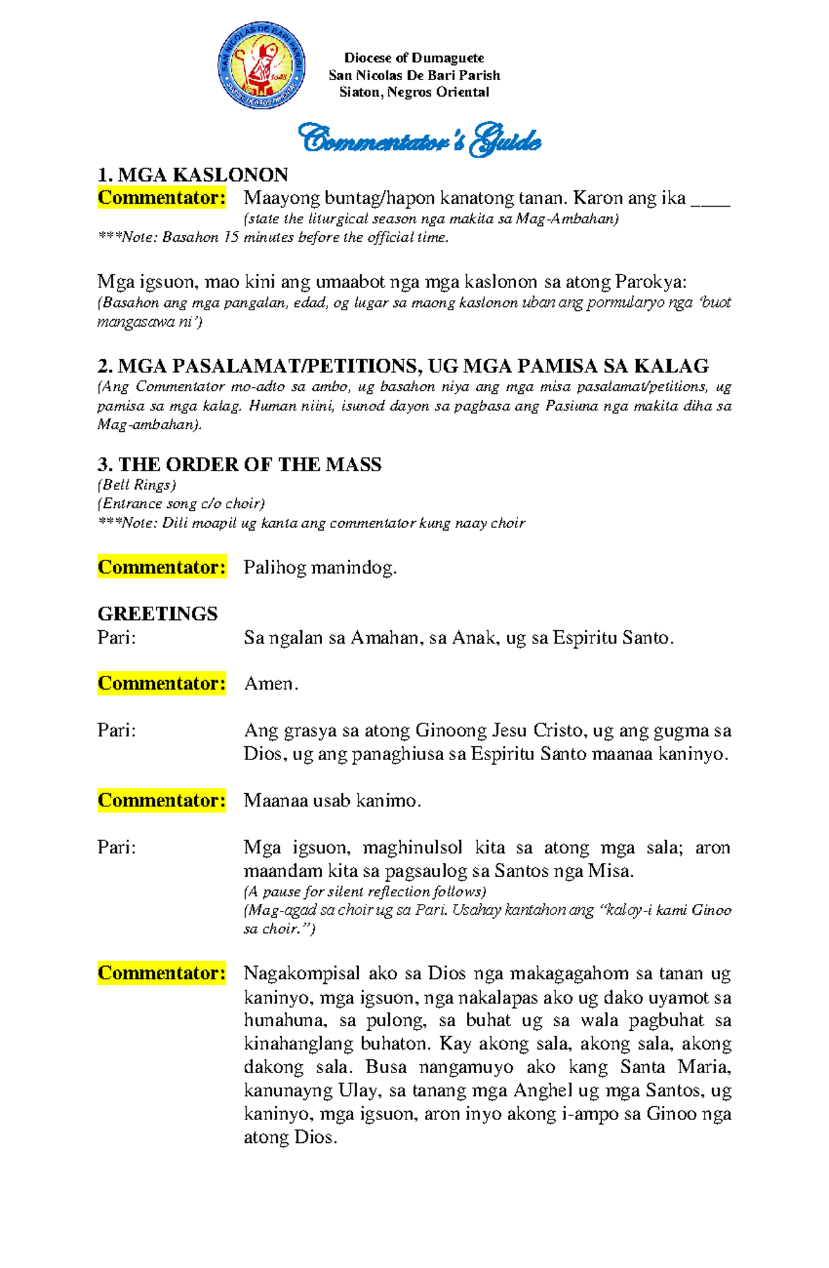 Commentator's Guide for Mass at San Nicolas De Bari Parish 2024 - Studocu