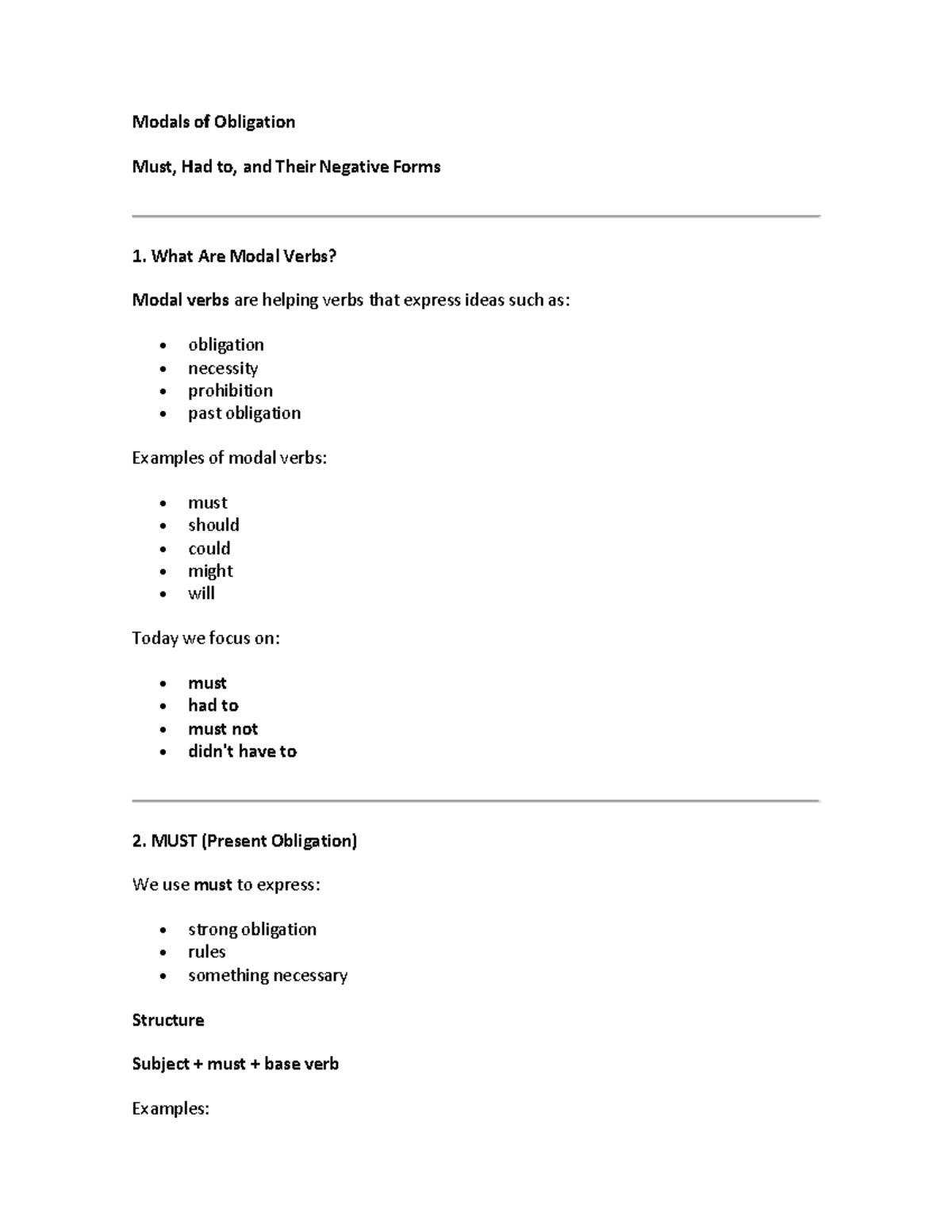 Modals of Obligation Must, Had to, and Their Negative Forms - Exercises ...