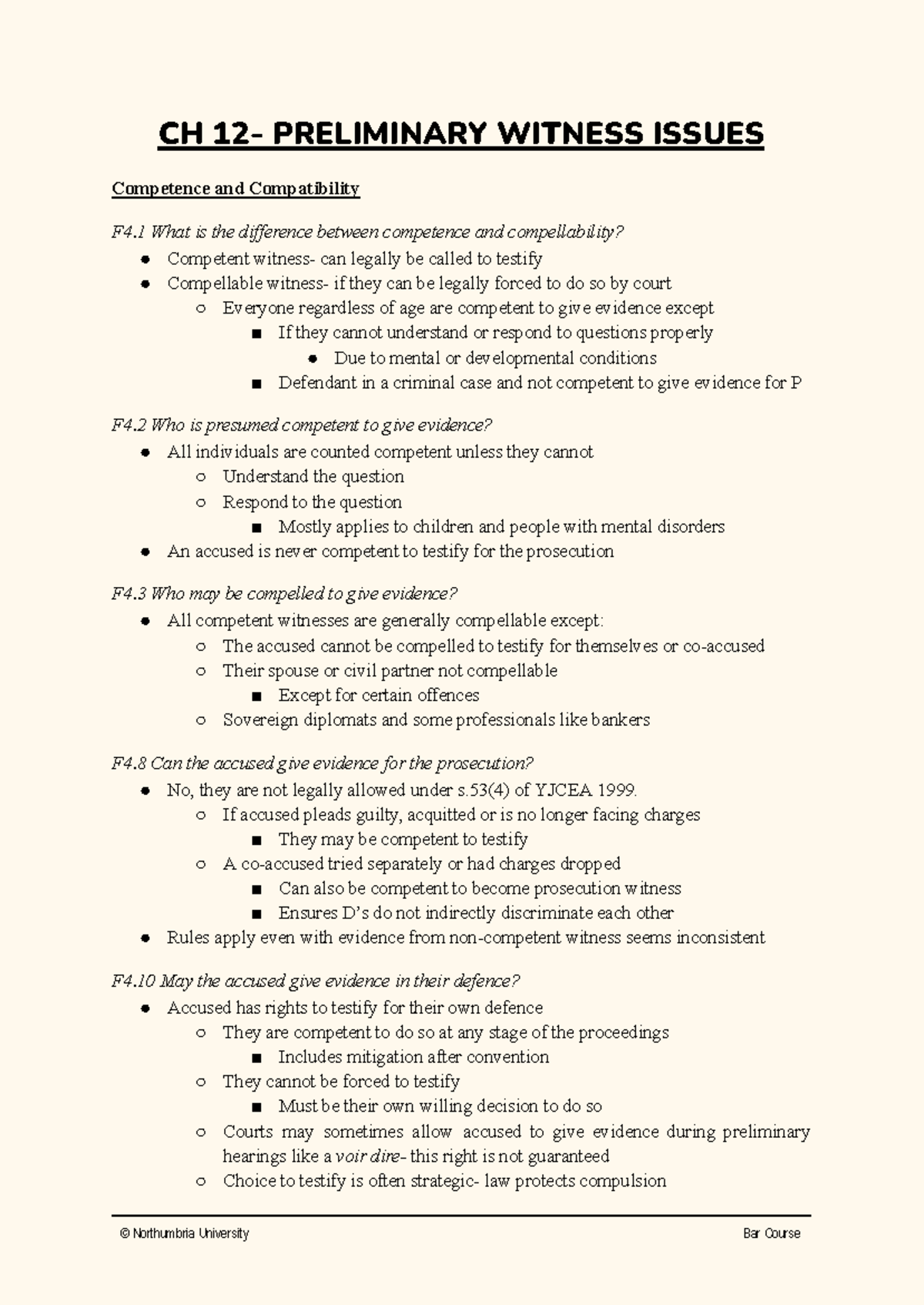 CH.12 Preliminary Witness Issues: Competence vs. Compellability - Studocu