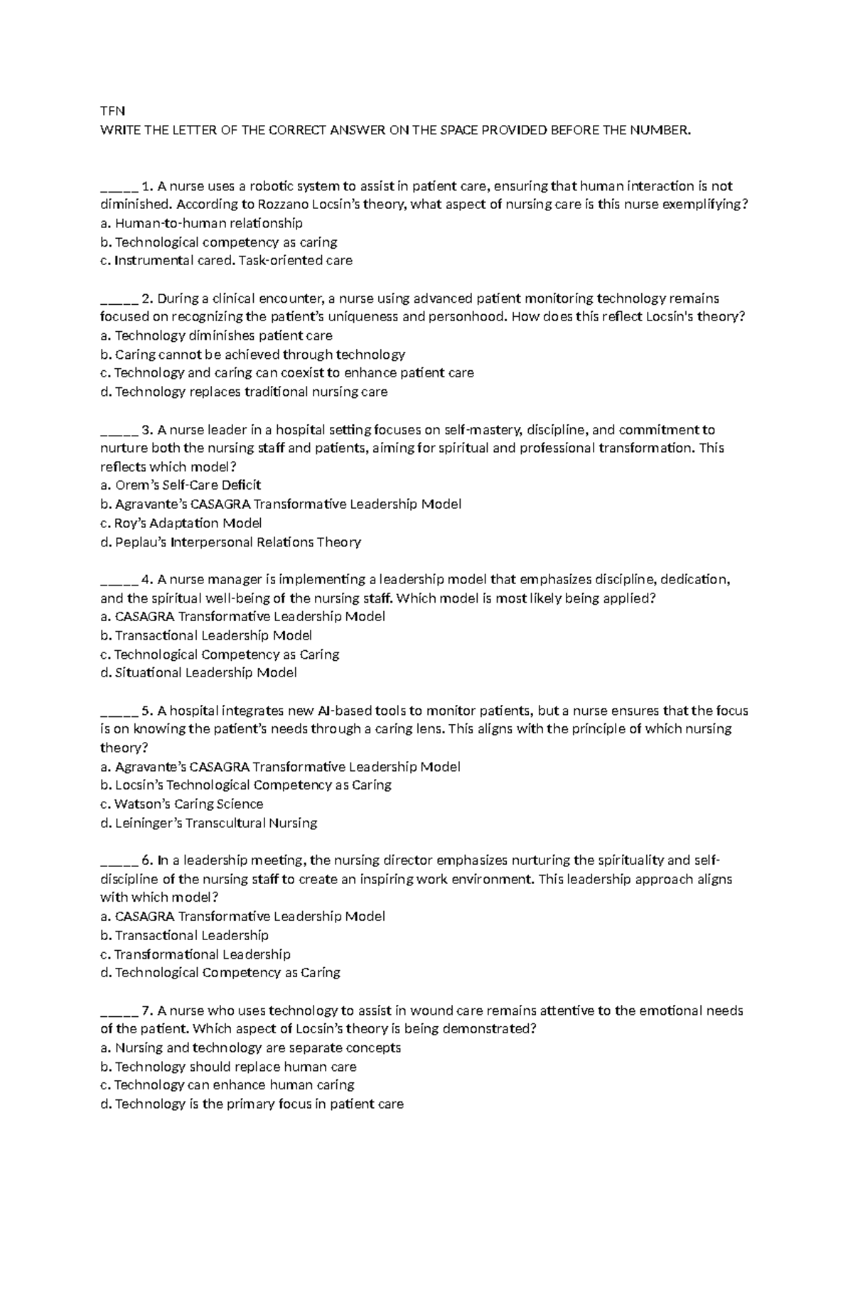 TFN LONG TEST #1 FINALS: Nursing Theories & Technology Integration ...