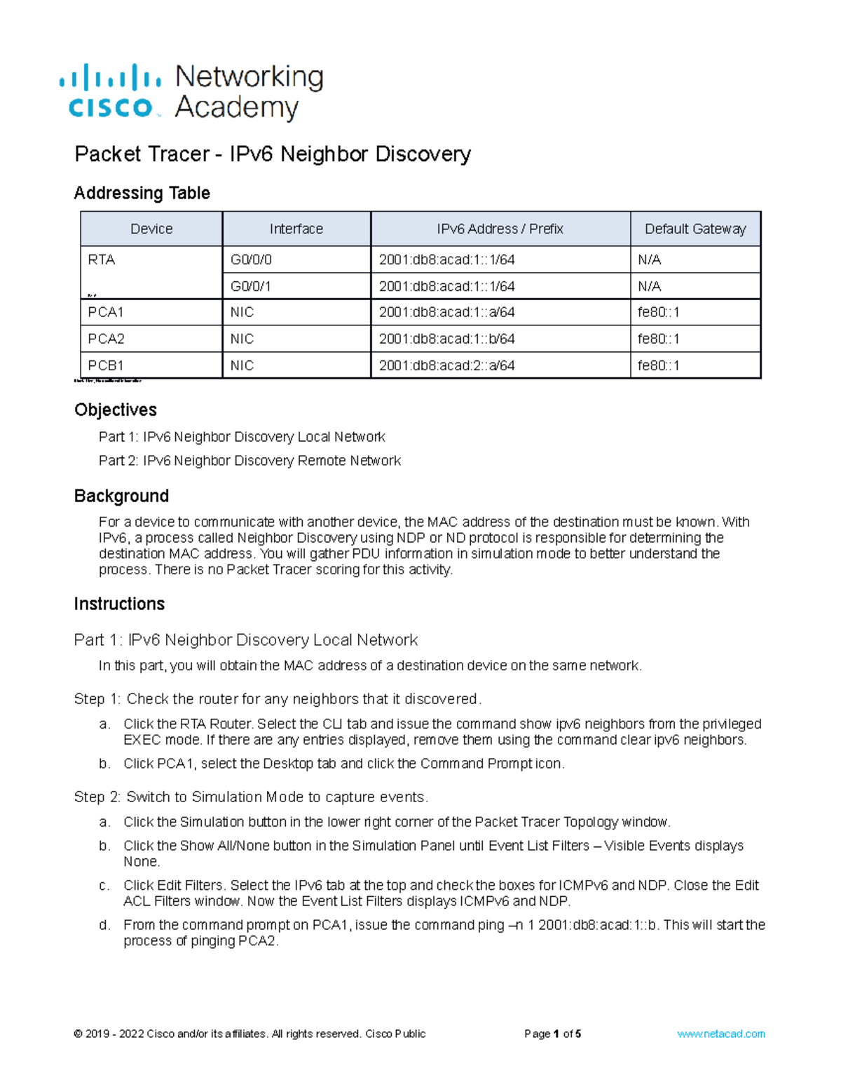 9.3.4 Packet Tracer - Exploring IPv6 Neighbor Discovery Process - Studocu