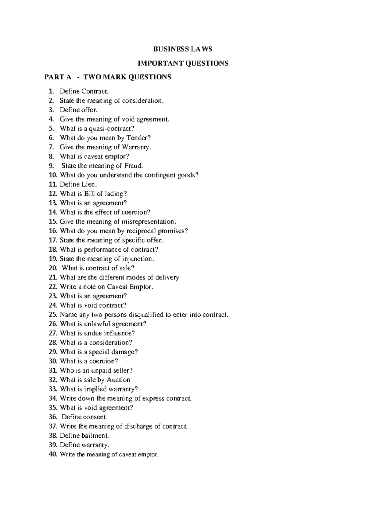 Important questions Business law - BUSINESS LAWS IMPORTANT QUESTIONS ...