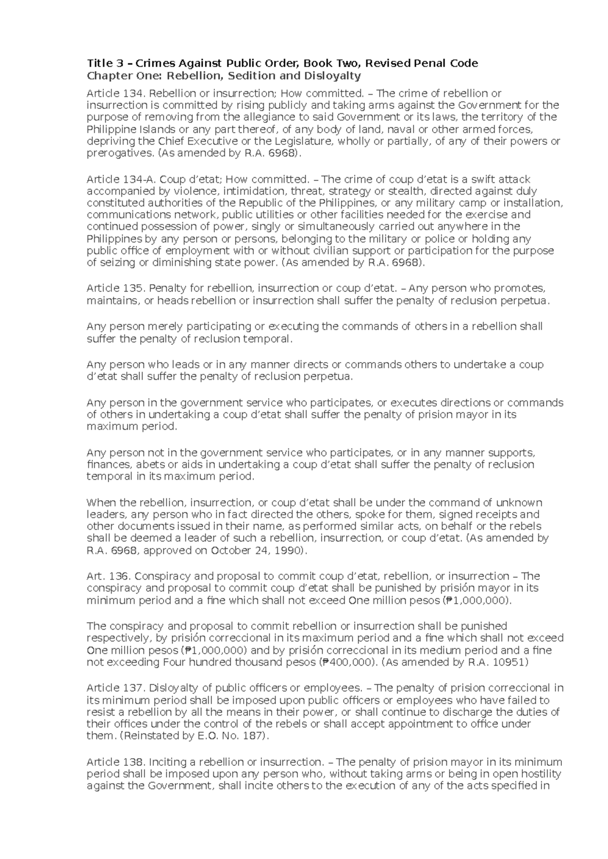 Crimes Against Public Order: Rebellion, Sedition, and Disloyalty (RPC) - Studocu