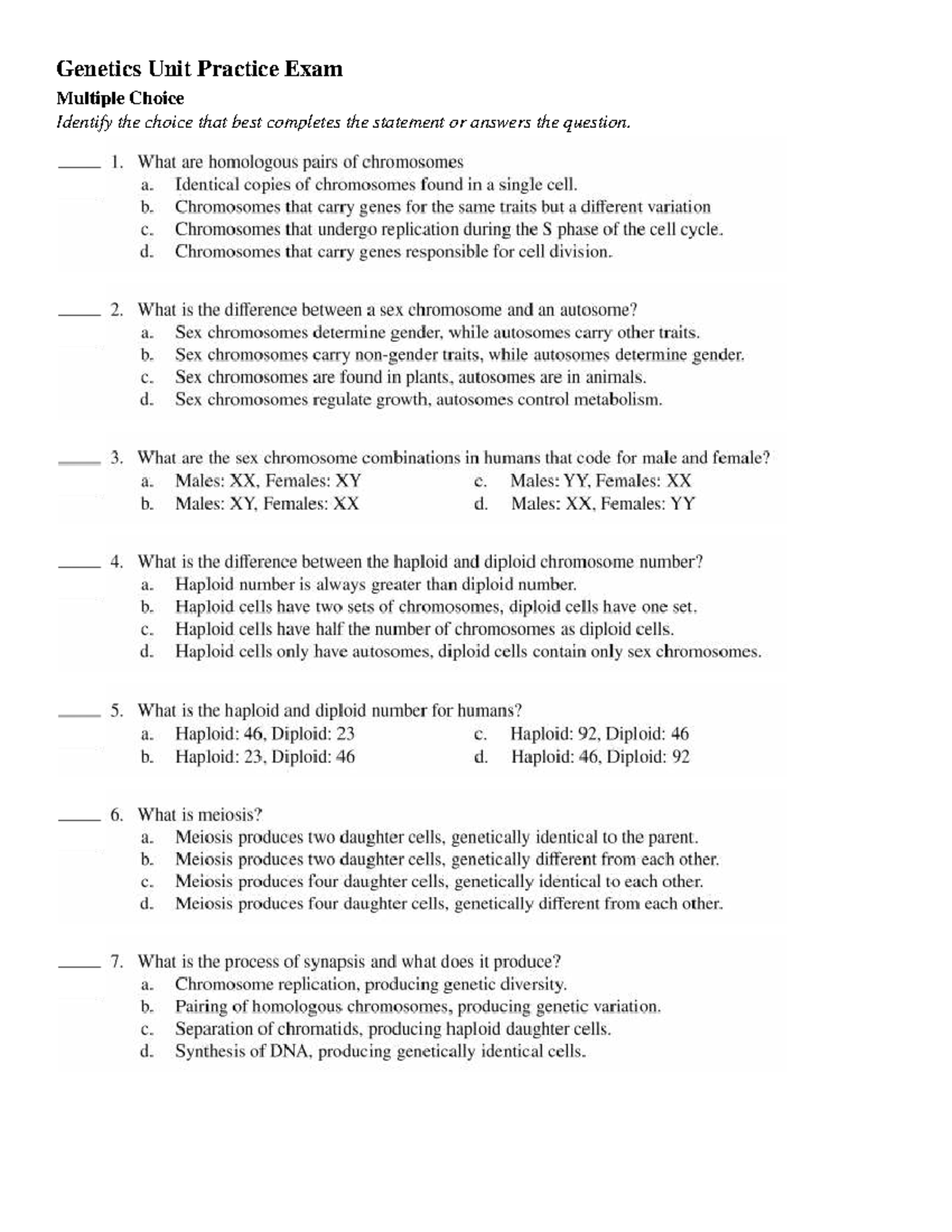 4-Biology-Genetics Unit Practice Exam & Review - Studocu