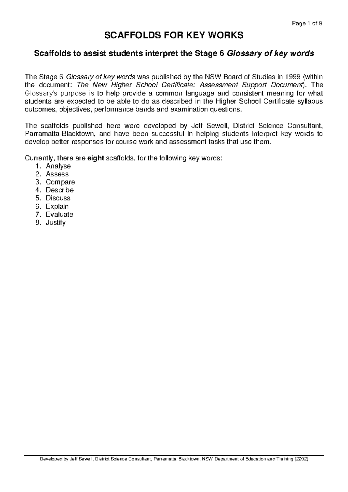 Stage 6 Science: Scaffolds for Key Words and Their Interpretations ...