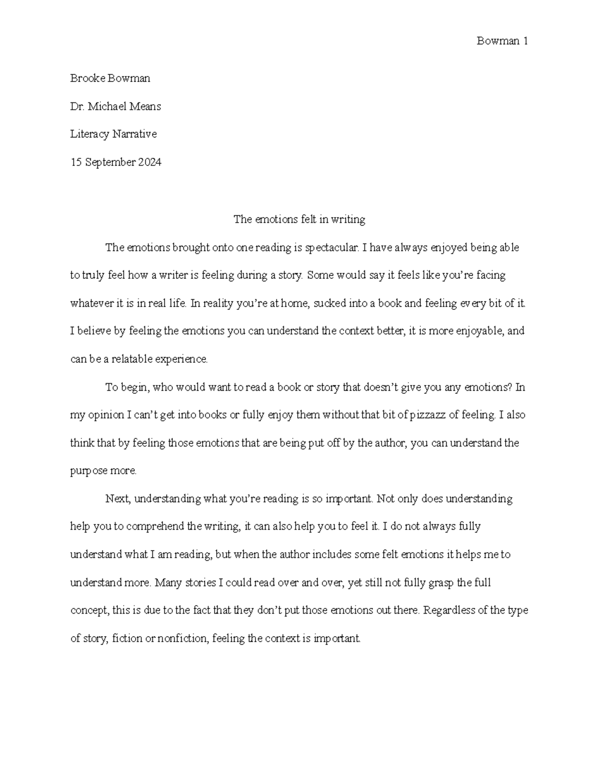 ENG 101: Literacy Narrative by Brooke Bowman - Emotions in Reading - Studocu