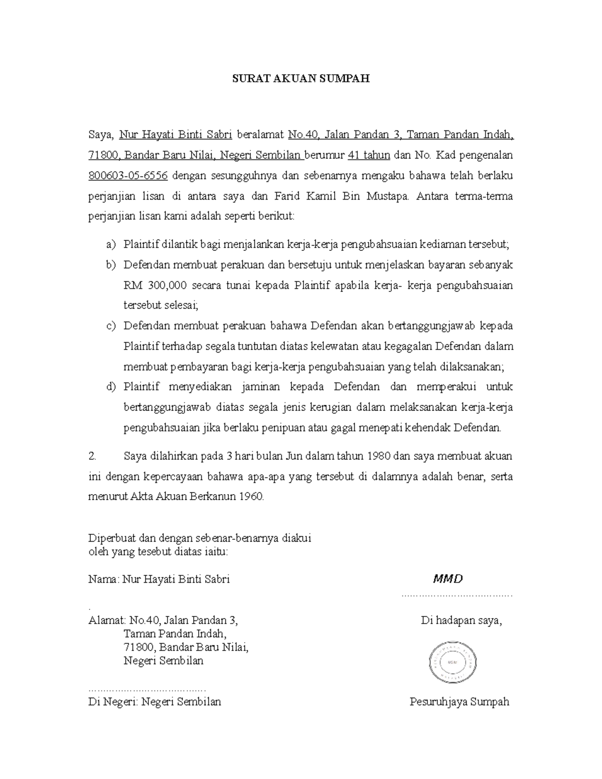 Surat Akuan Sumpah - Perjanjian Lisan Nur Hayati Binti Sabri - Studocu