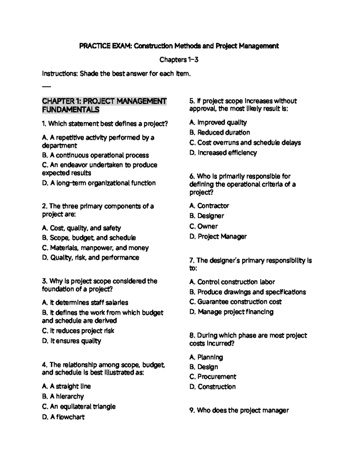 PRACTICE EXAM: Construction Methods & Project Management (CM 101) - Studocu