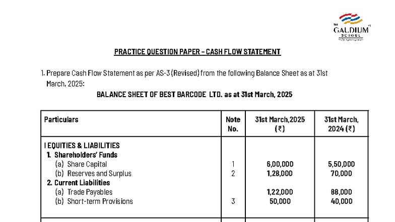 Practice Question Paper - Cash Flow Statement Analysis - Studocu