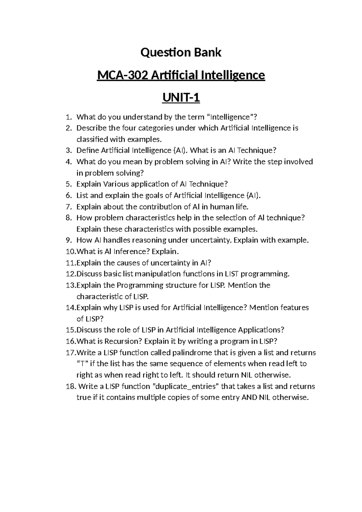 AI Question Bank - Comprehensive Study Notes (RGPV) - Studocu