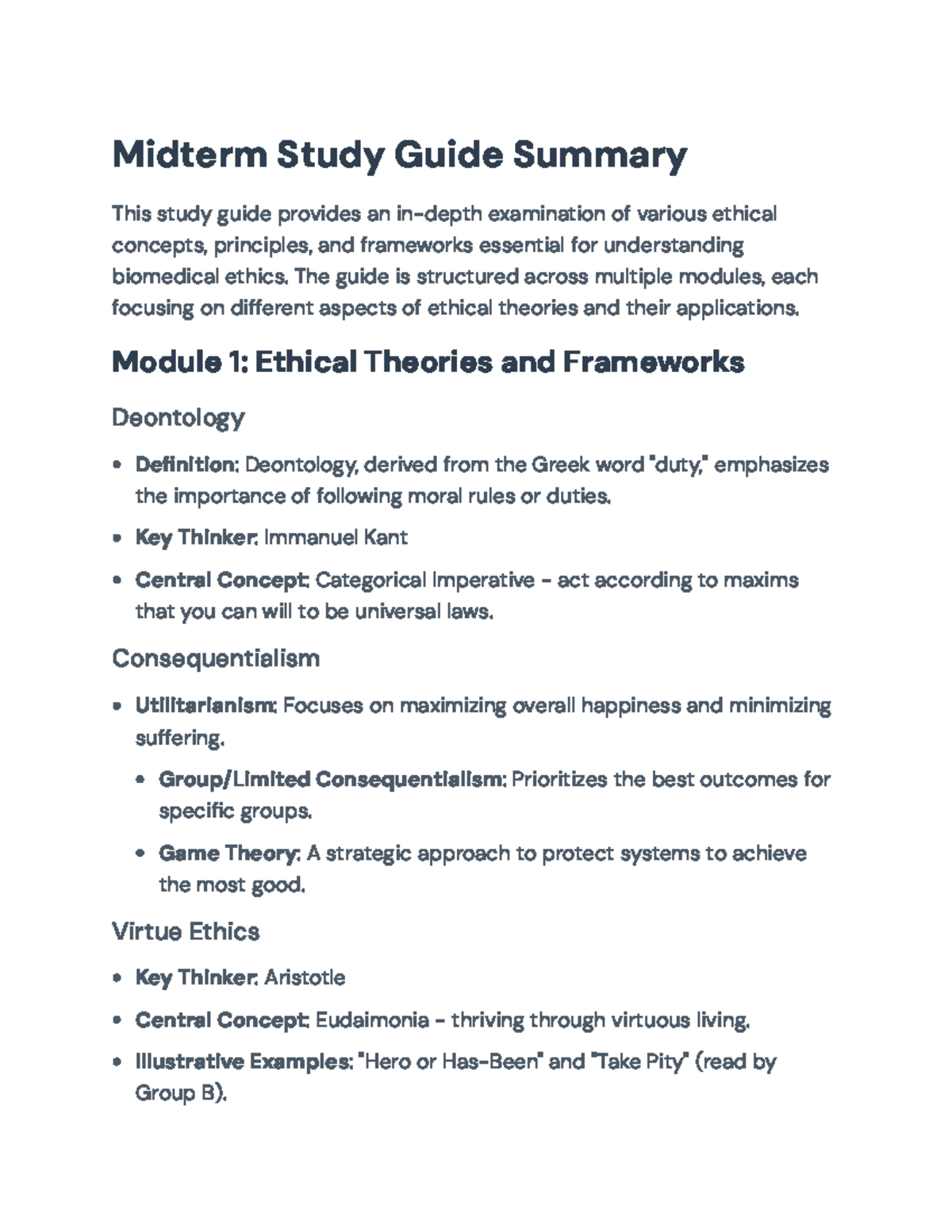 Midterm Study Guide for Biomedical Ethics (BME 101) - Key Concepts ...