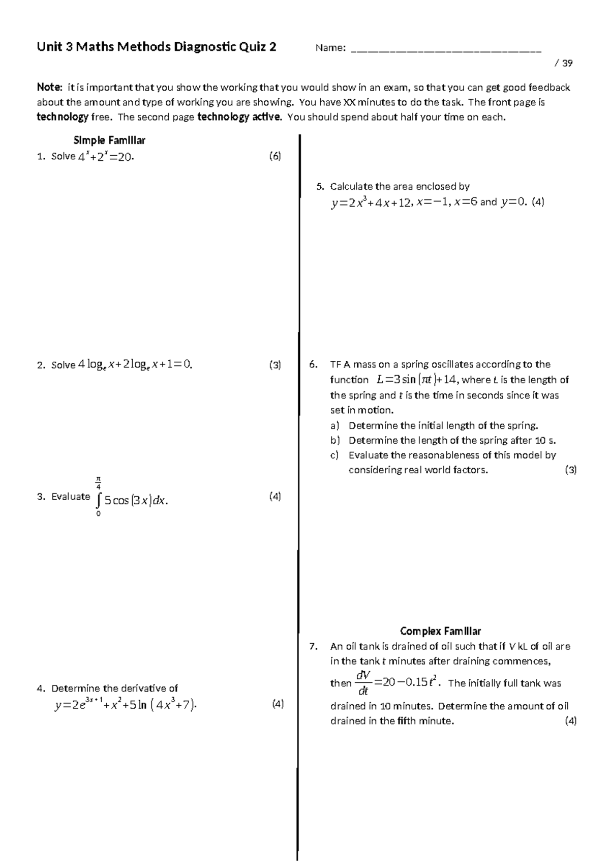 Unit 3 Maths Methods Diagnostic Quiz 2: Problem Solving Techniques - Studocu