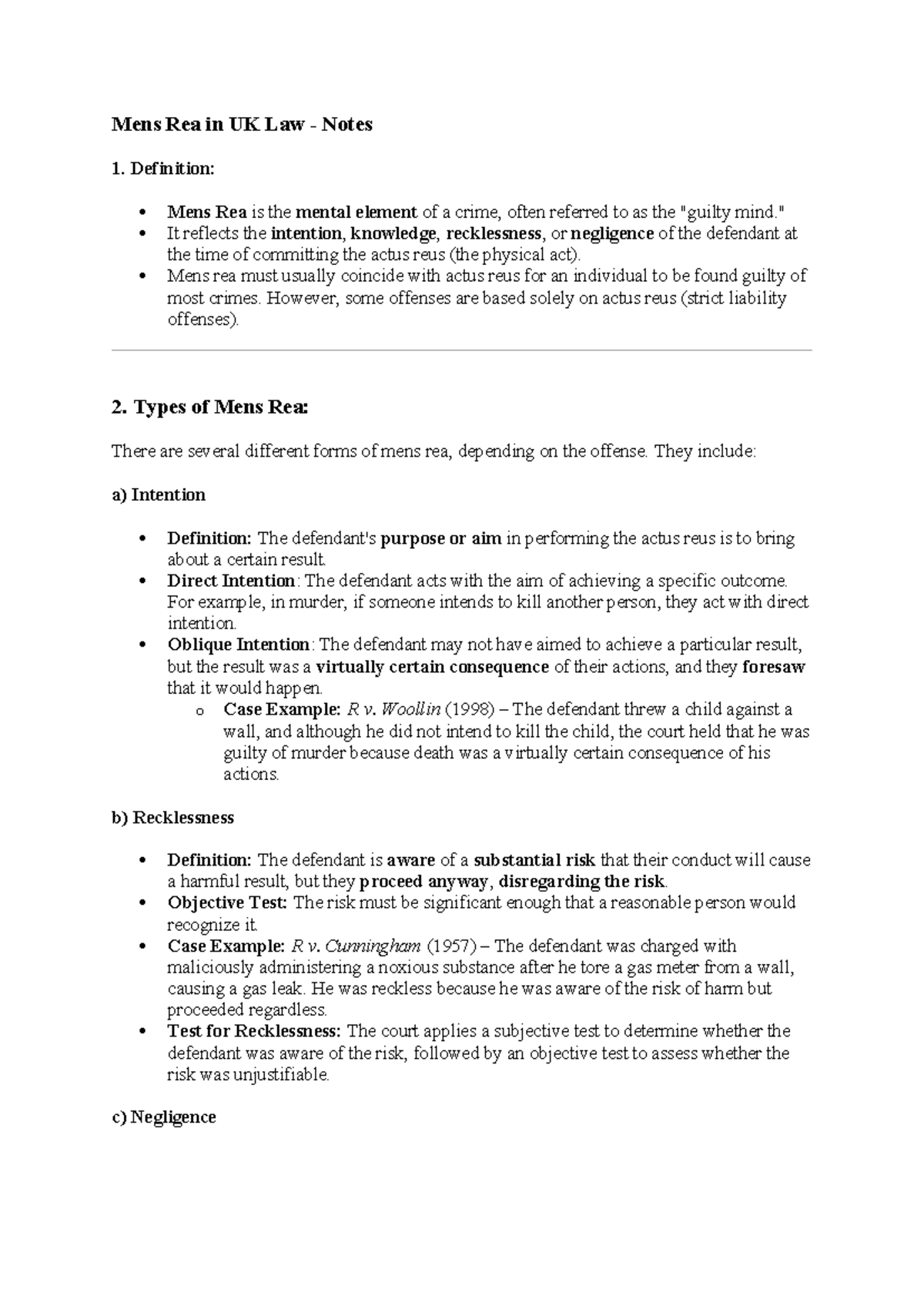 Mens Rea in UK Law: Key Concepts and Case Examples Notes - Studocu