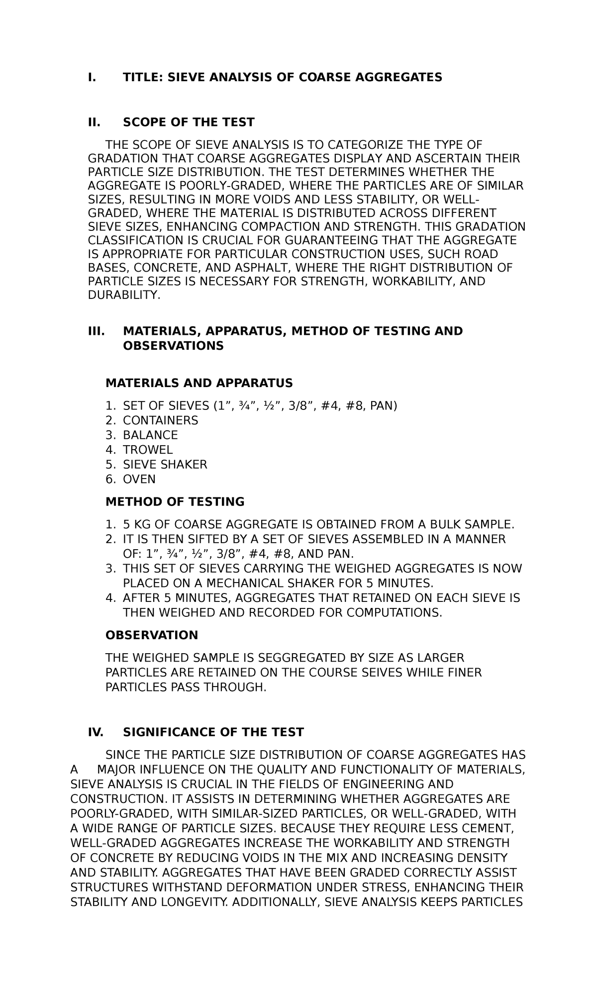 SIEVE ANALYSIS OF COARSE AGGREGATES FOR CONSTRUCTION MATERIALS - Studocu