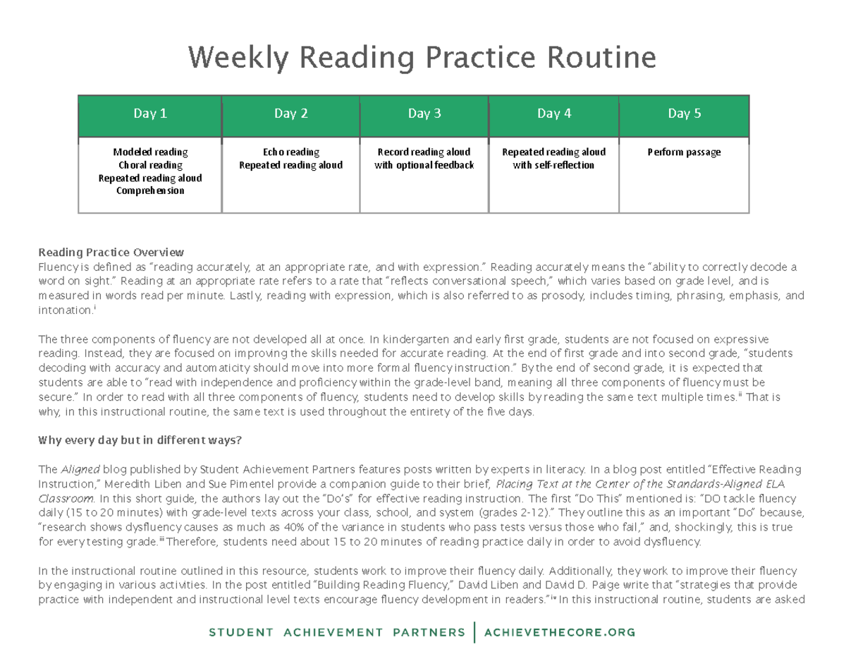 5-Day Instructional Routine for Fluency in 1st Grade Reading - Studocu