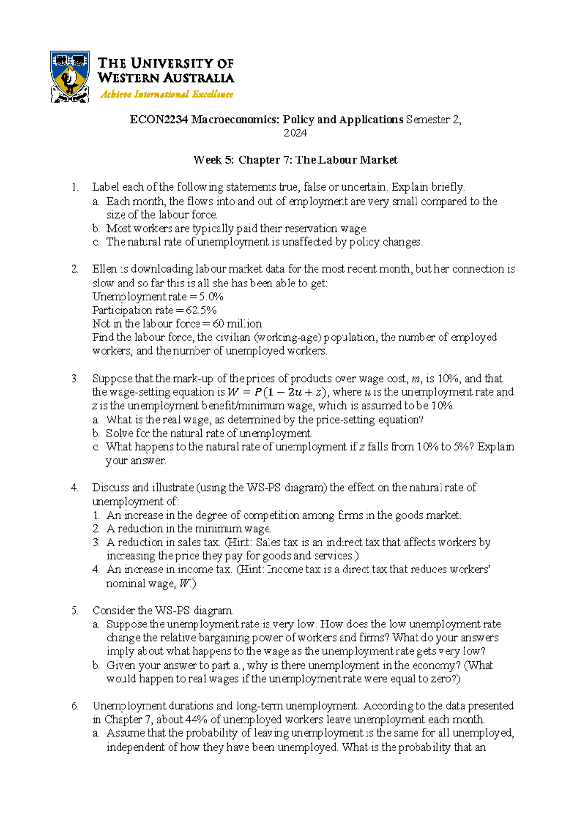 Exercise Questions on the Labor Market (ECON2234 Tutorial 5, Week 6 ...