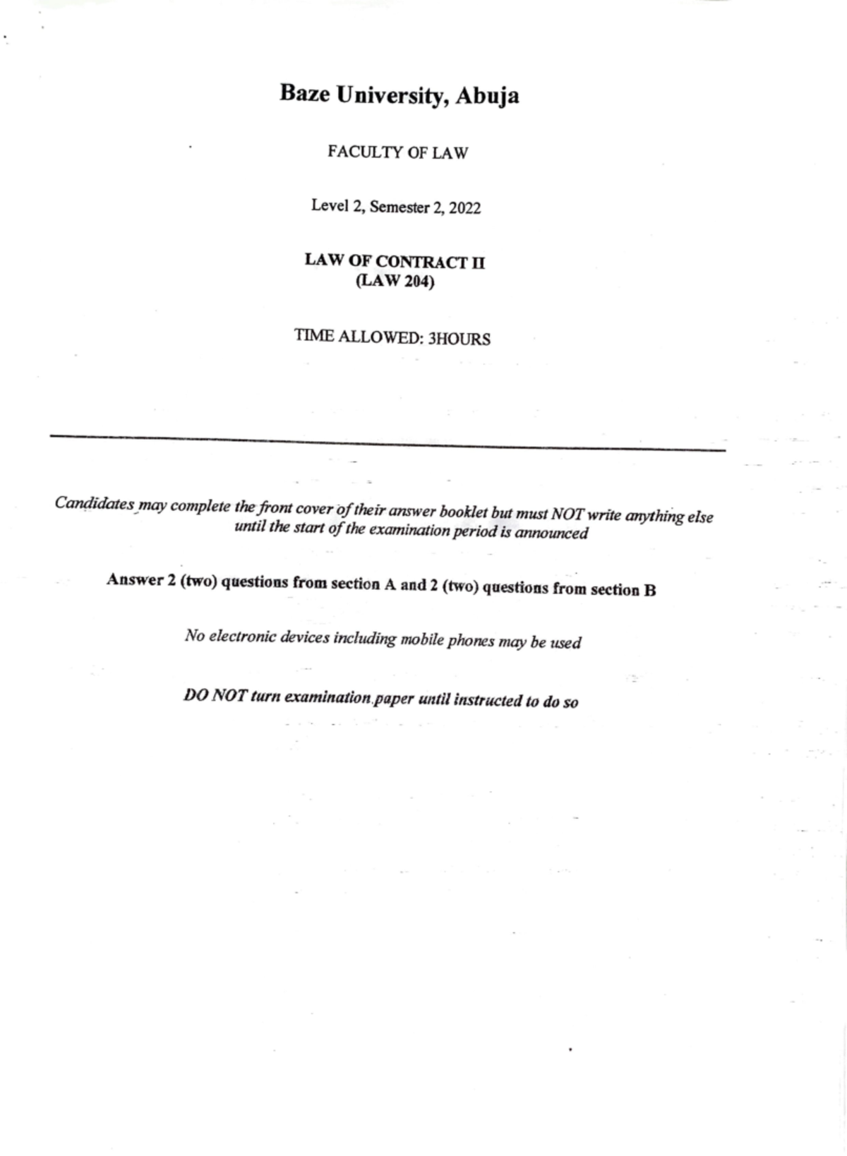 Contract Law Exam Questions (LAW204) - Baze University, 2022 - Studocu