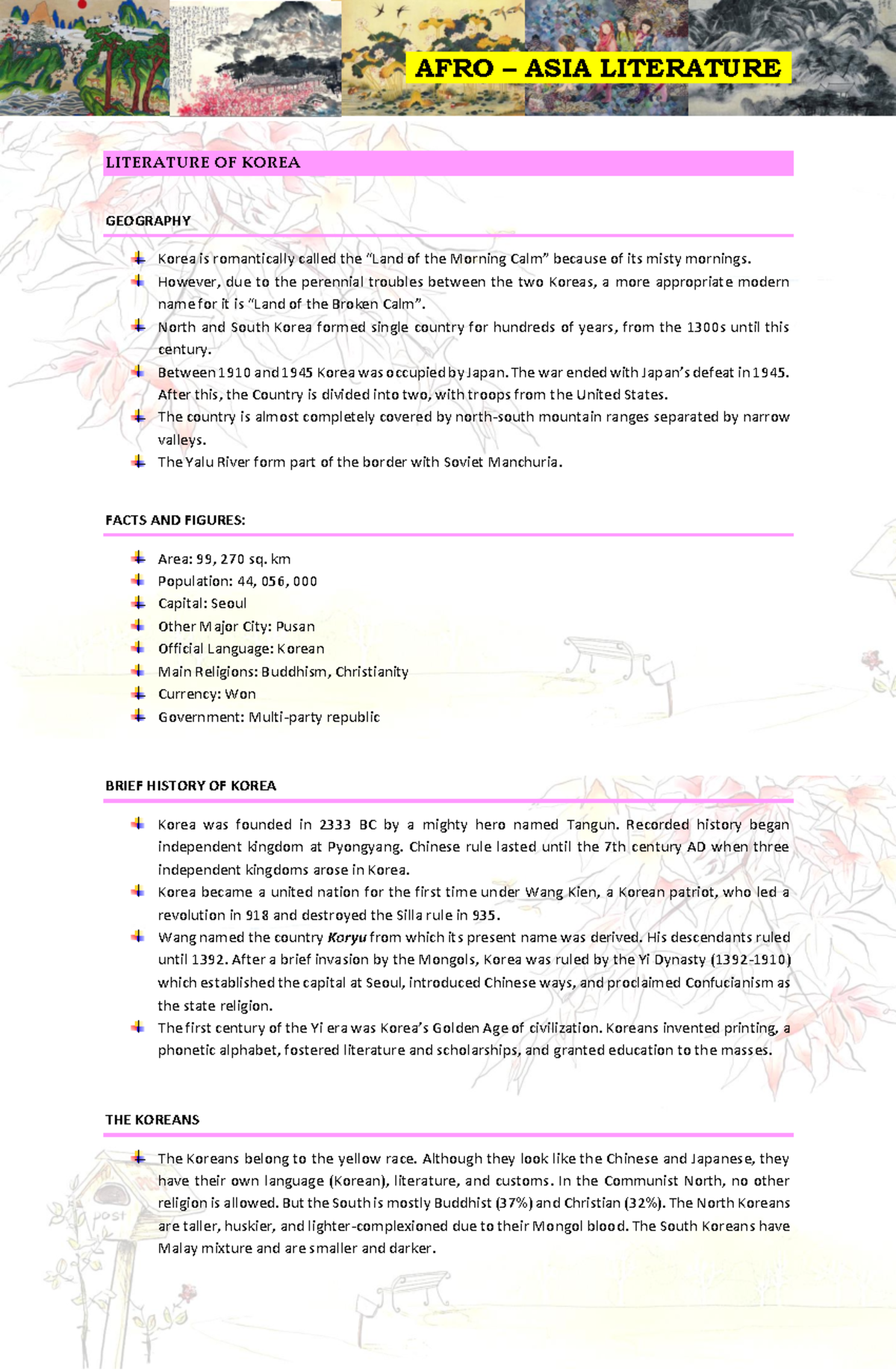 Handouts for Korean Literature (Afro-Asian Lit Study Guide) - Studocu