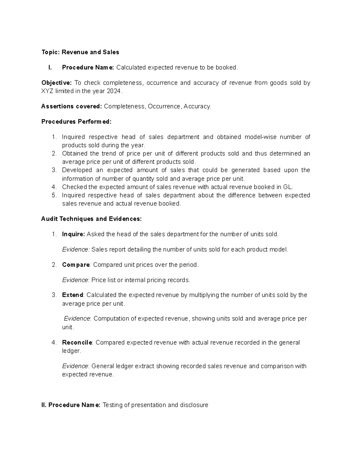 Revenue and Sales - Audit Procedures - Topic: Revenue and Sales I ...