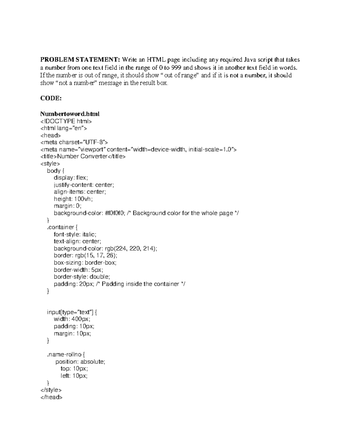 HTML and JavaScript AJAX Code Samples: Number to Words & Login Validation - Studocu