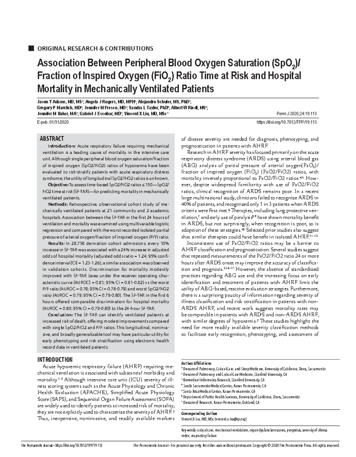 Association of SpO2/FiO2 Ratio Time at Risk & Mortality in ICU Patients ...