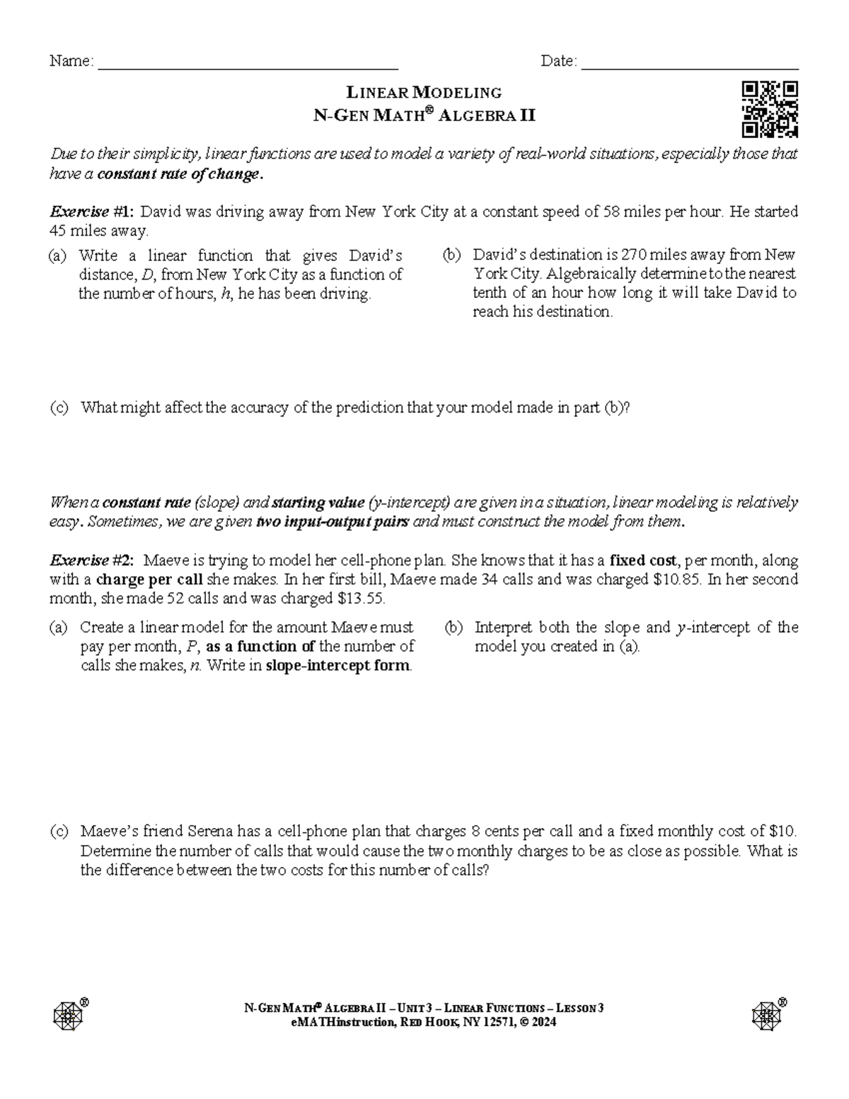 N-GEN MATH® ALGEBRA II - UNIT 3 - LINEAR FUNCTIONS - LESSON 3 - Studocu