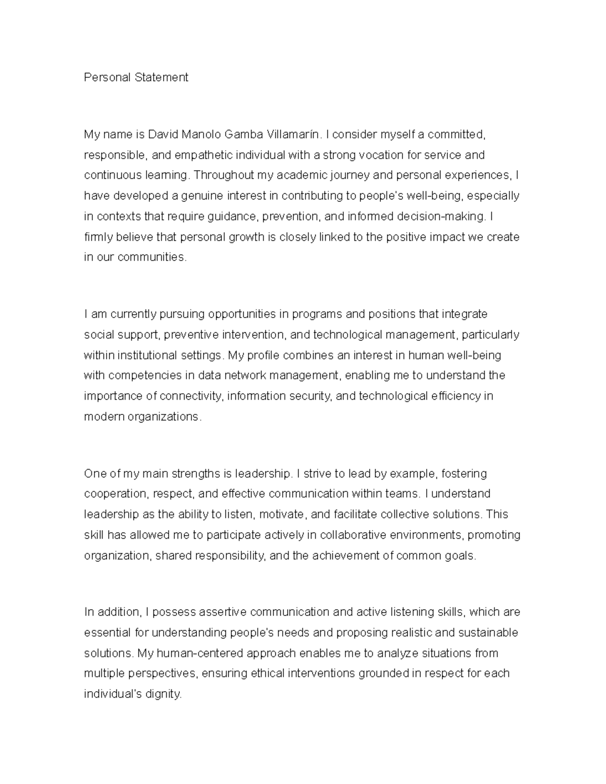 Personal Statment - plantilla para escrito - Personal Statement My name ...