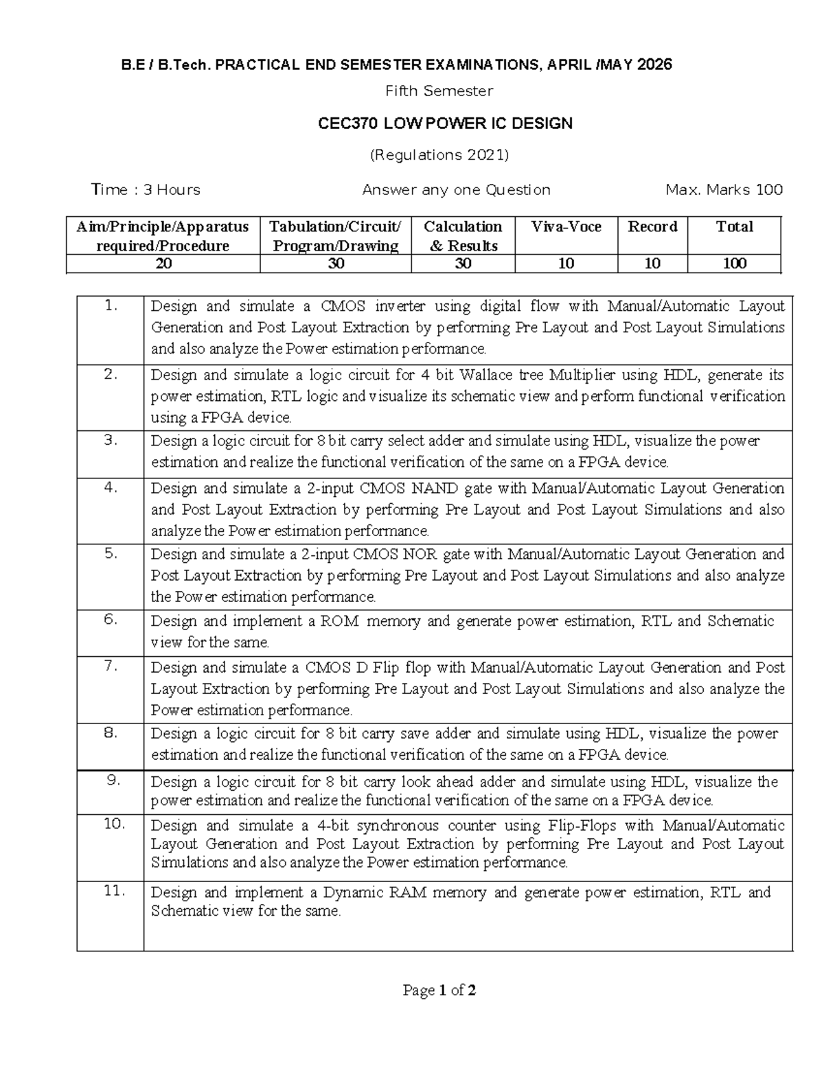 CEC370 Low Power IC Design Lab Questions - End Sem Exam April 2026 ...