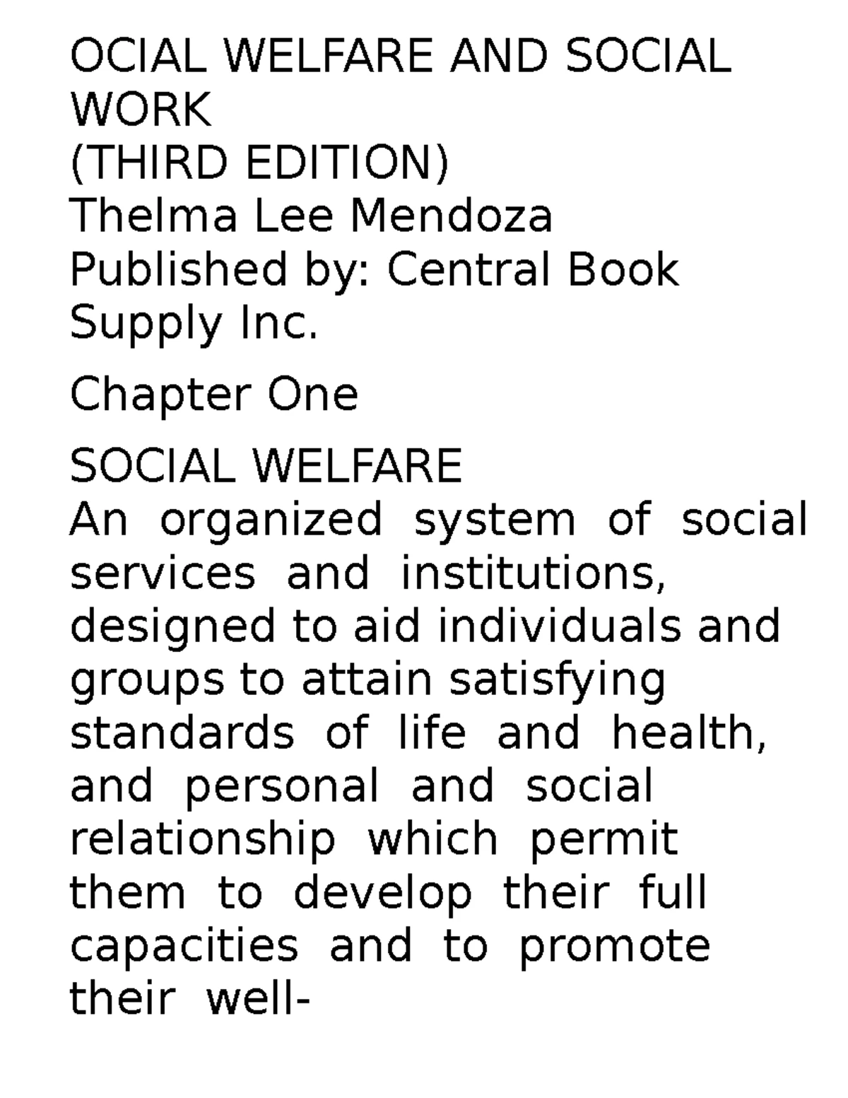 Social WORK Summary - ORANGE BOOK FOURTH EDITION - OCIAL WELFARE AND ...