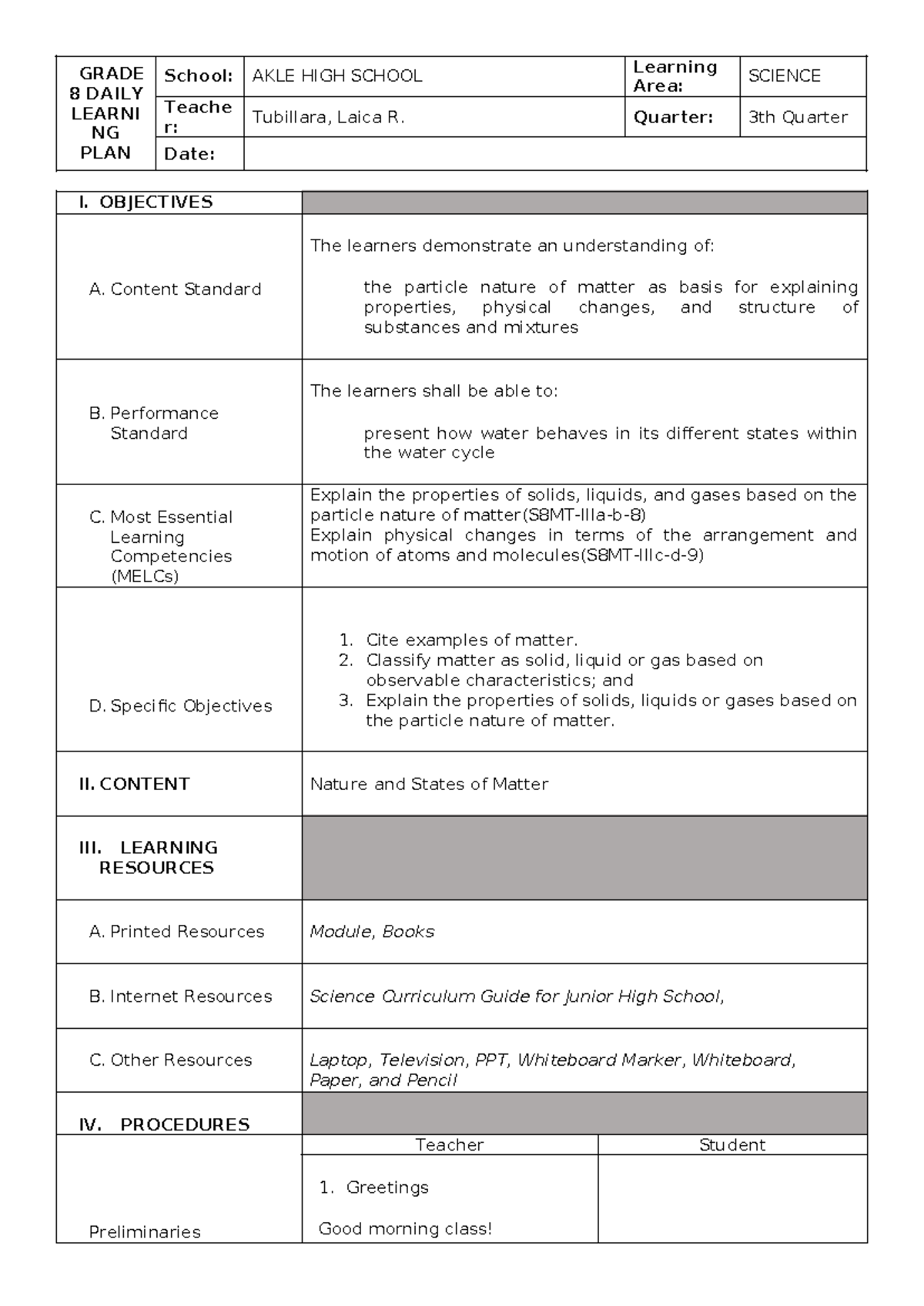 Grade-8- Daily- Learning-PLAN-first week - GRADE 8 DAILY LEARNI NG PLAN ...