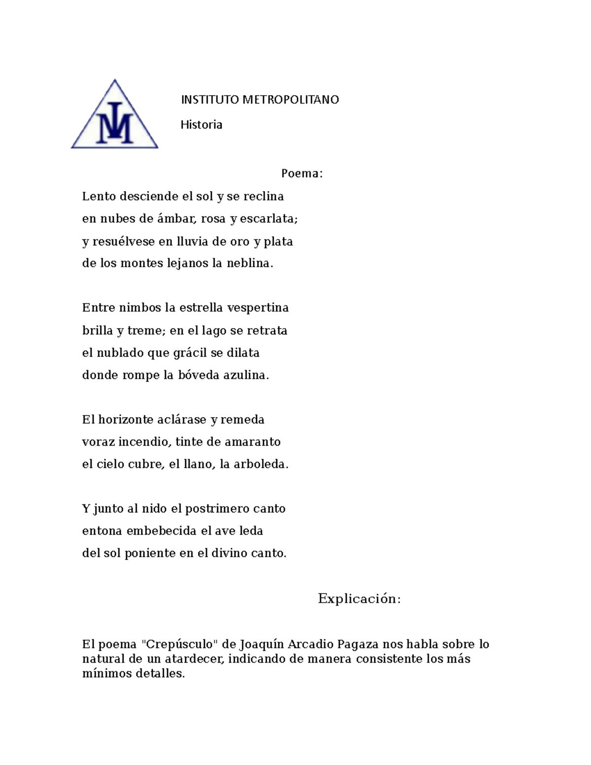 Significado del poema Crepusculo - INSTITUTO METROPOLITANO Historia ...