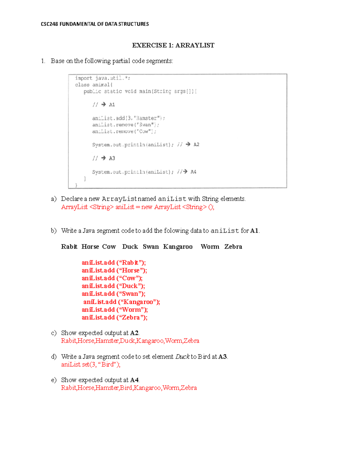 Exercise Array List Answer - EXERCISE 1: ARRAYLIST Base on the ...